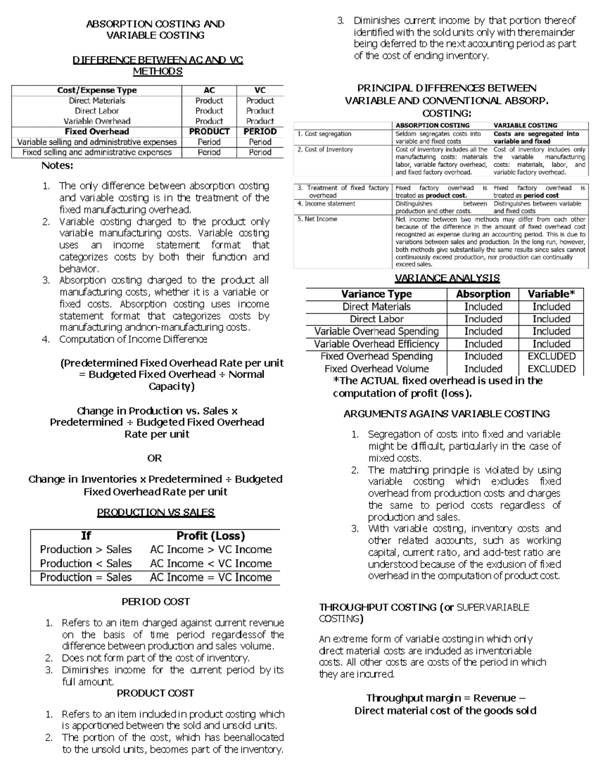 Absorption vs Variable Costing - ABSORPTION COSTING AND VARIABLE COSTING DIFFERENCE BETWEEN AC ...