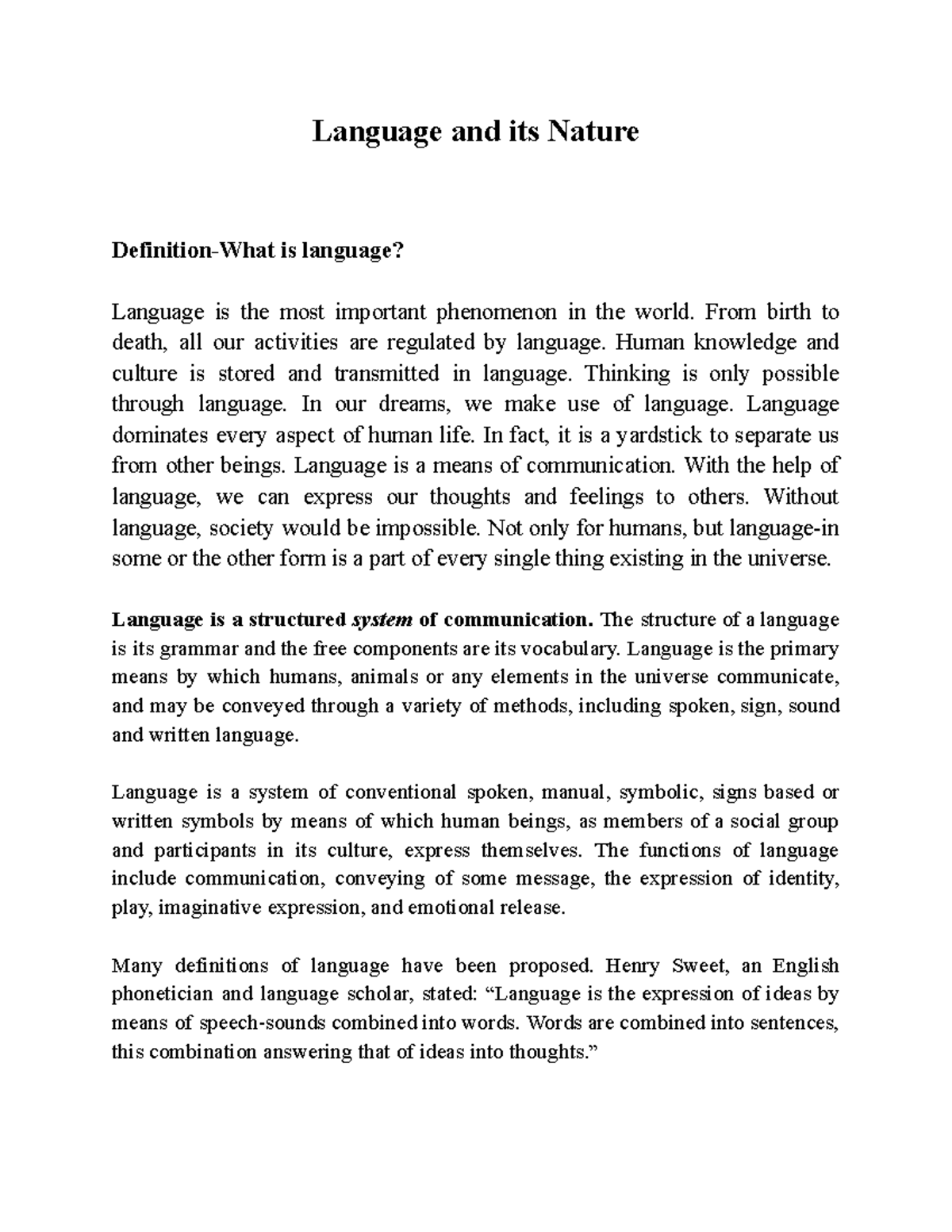 Language and its Nature - Language and its Nature Definition-What is language? Language is the ...