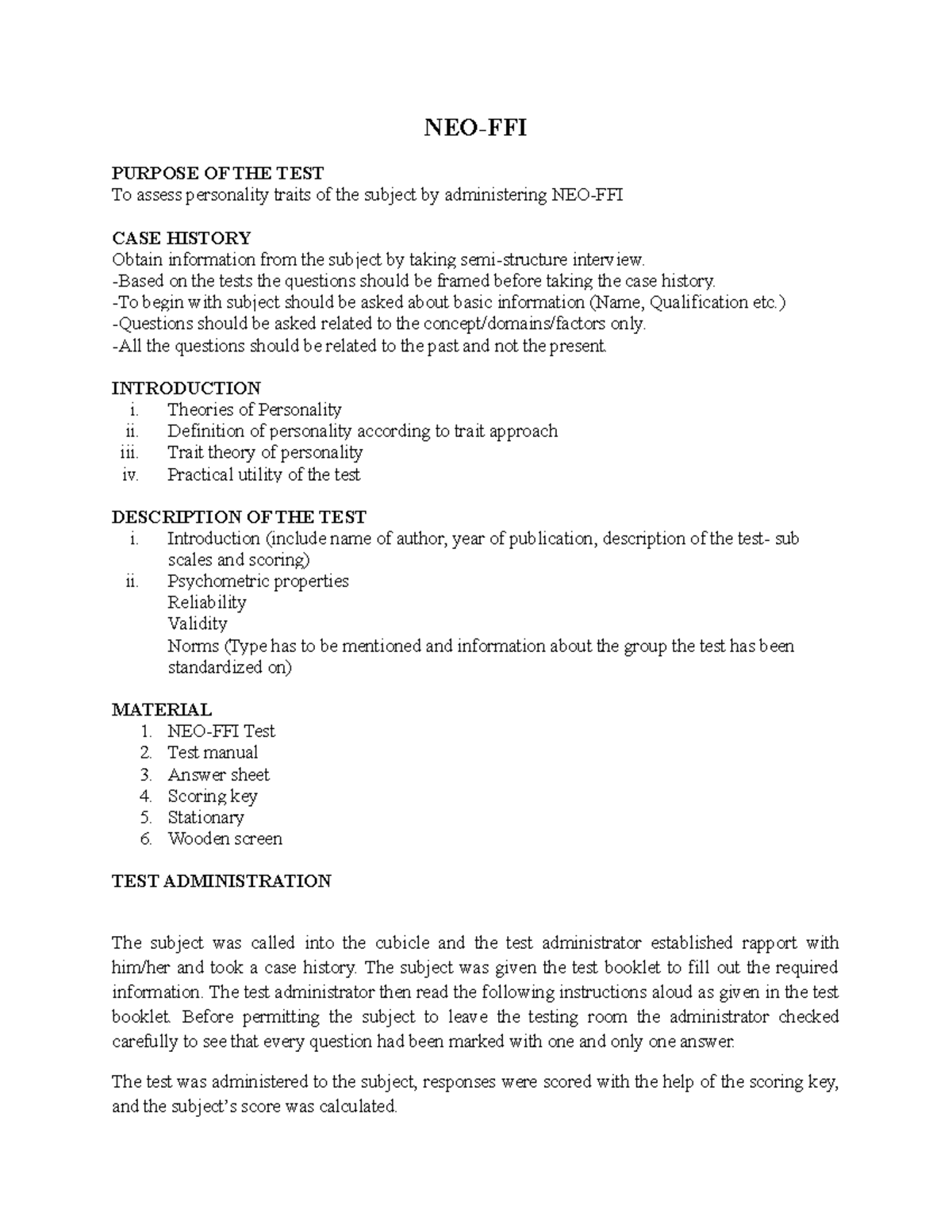 NEO-FFI - Neo ffi - NEO-FFI PURPOSE OF THE TEST To assess personality ...