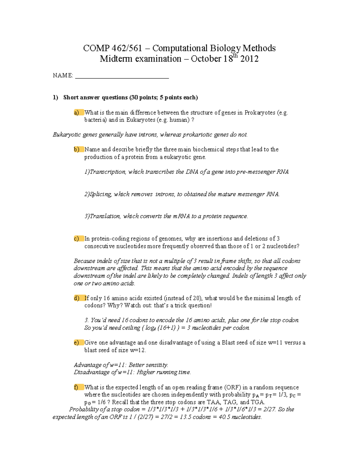 Midterm 2012 solution - COMP 462/561 – Computational Biology Methods Midterm examination ...