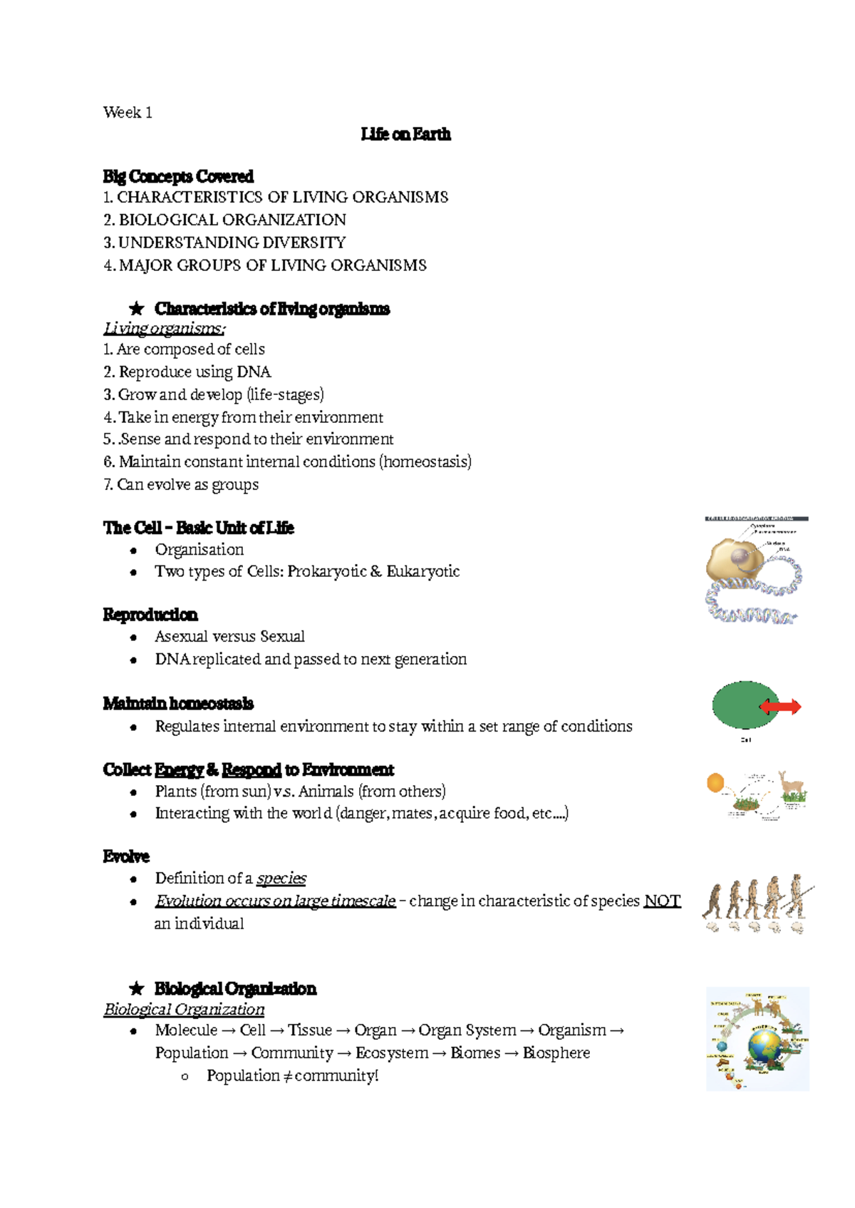 Biology - Lecture notes week 1, 2, & 3 - Week 1 Life on Earth Big ...
