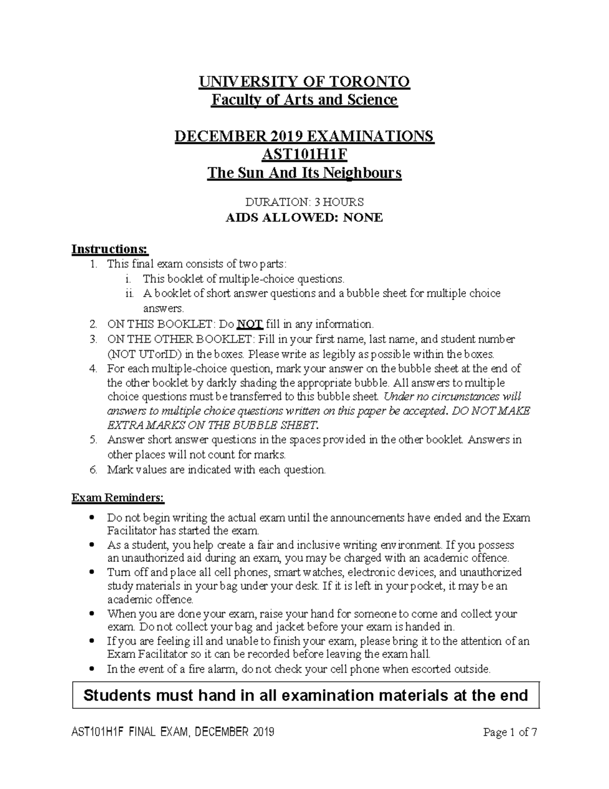 AST101 fall2019 MC - Students must hand in all examination materials at ...