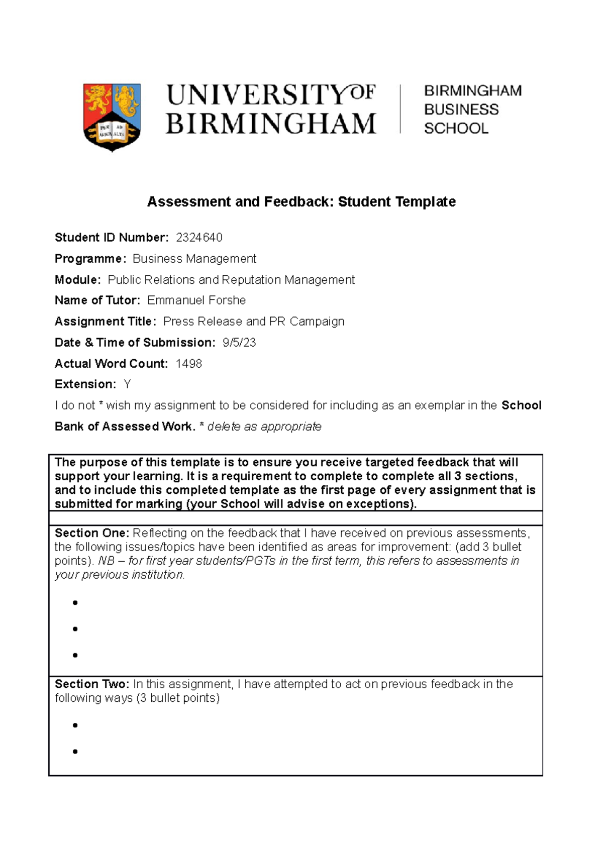 PR Cover Sheet 1 - efs - Assessment and Feedback: Student Template ...