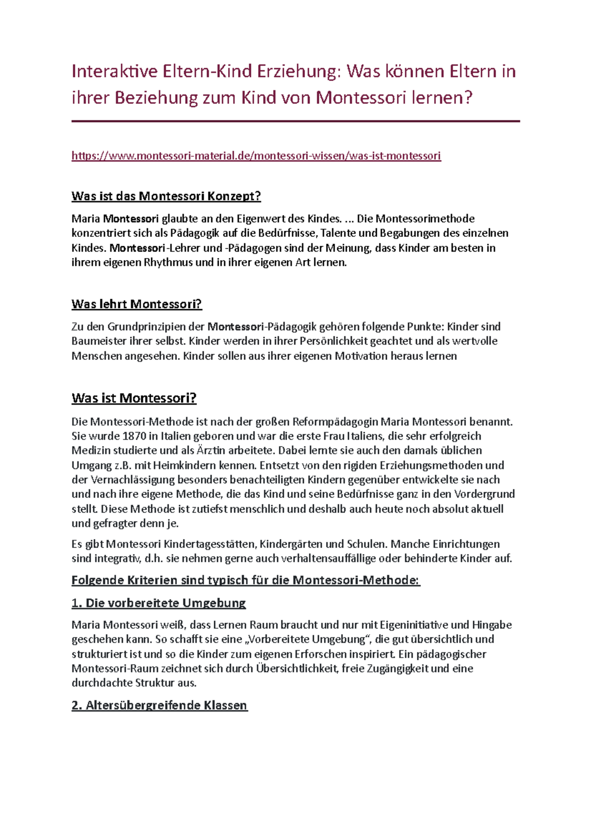 Essay-Text „Montessorie“ Stichpunkte für Fließtext - Interaktive Eltern ...