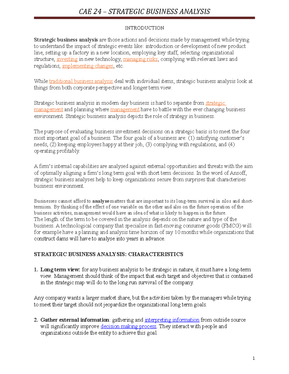 I. Introduction TO Strategic Business Analysis - CAE 24 – STRATEGIC ...