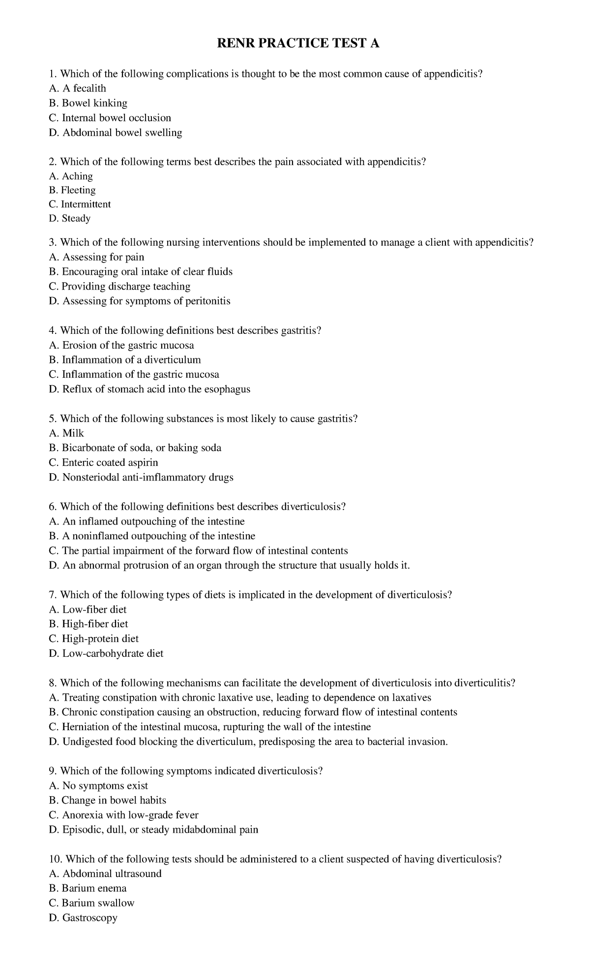 RENR Practice TEST A-1 - abc - RENR PRACTICE TEST A Which of the ...