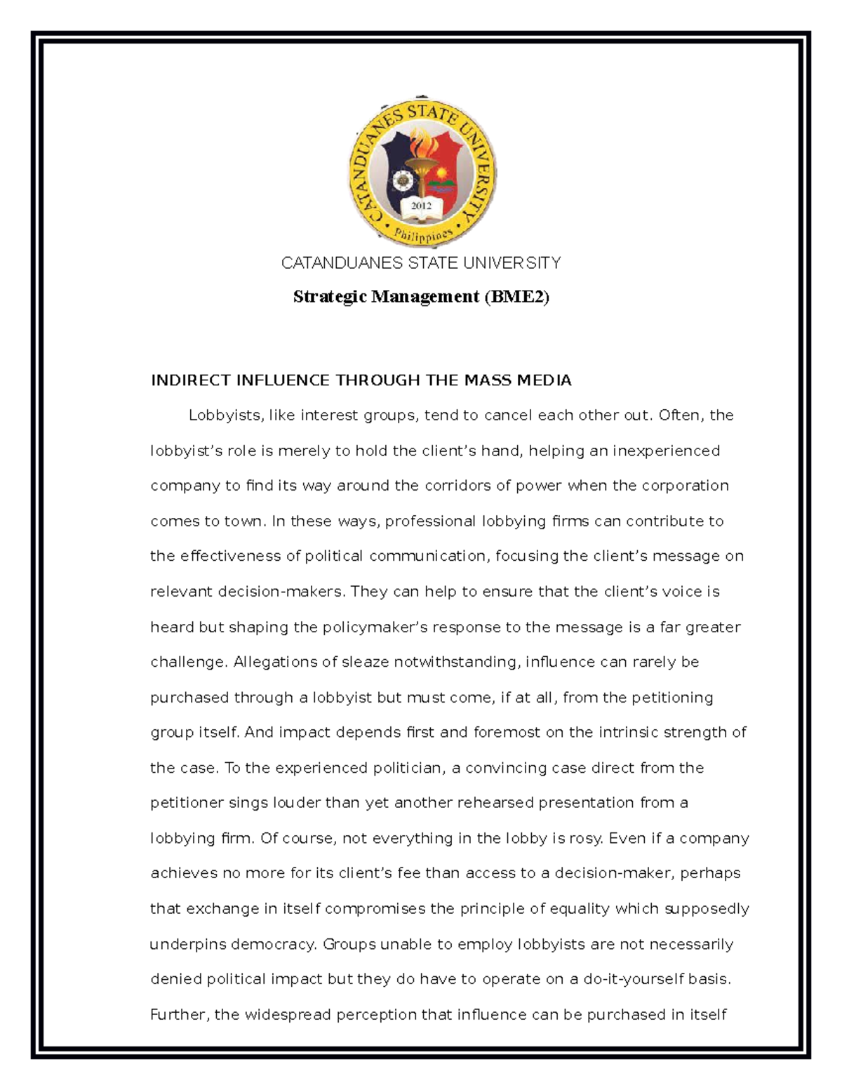 Strategic Management Indirect Influence Through THE MASS Media ...