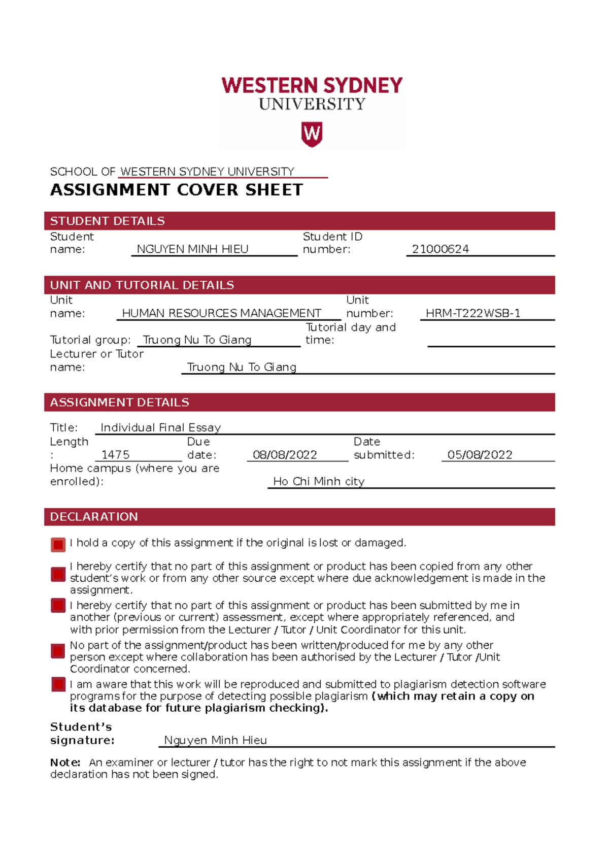 HRM1 Nguyen-Minh-Hieu 21000624 Final-Individual-Essay - SCHOOL OF ...