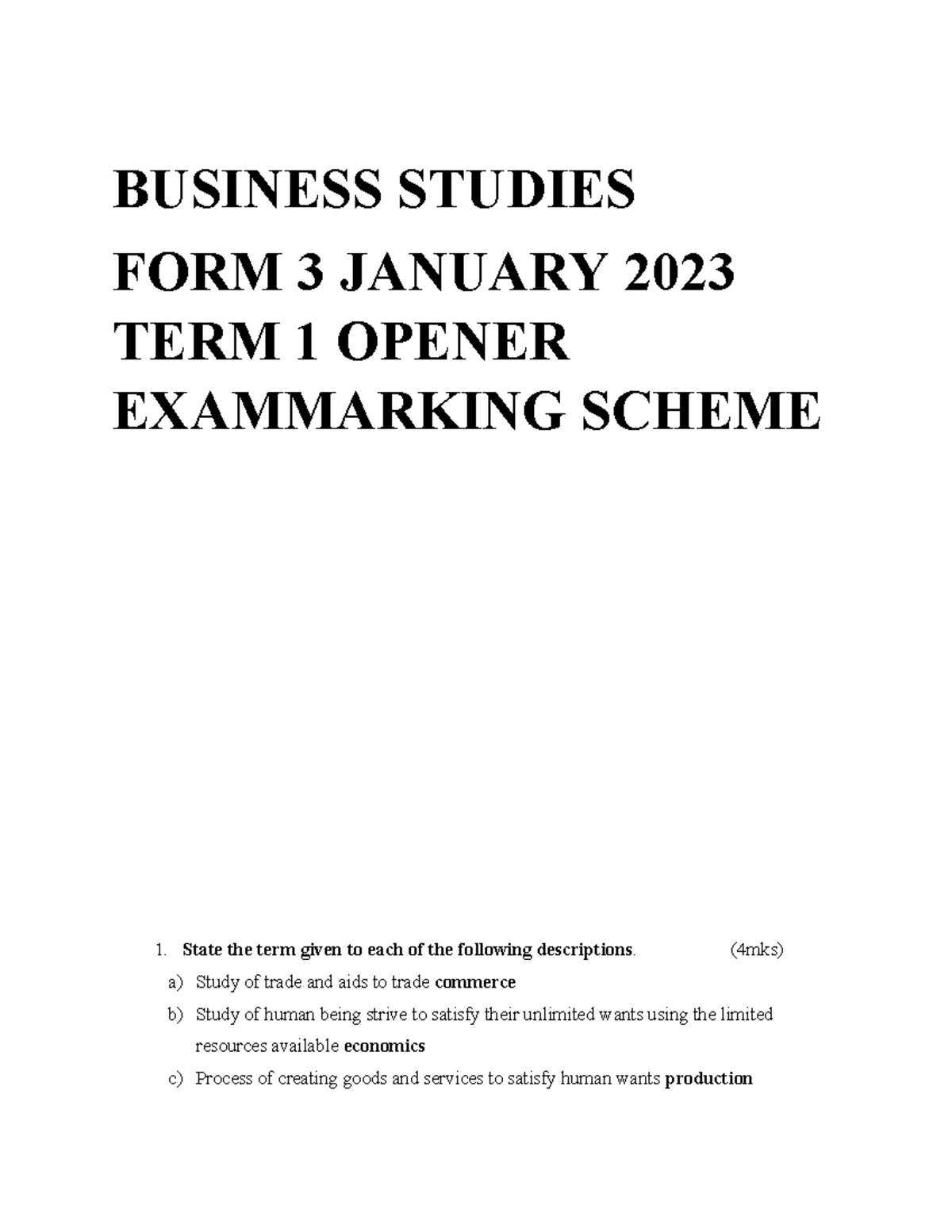 2) Business Studies F3 2022 MS - BUSINESS STUDIES FORM 3 JANUARY 2023 ...