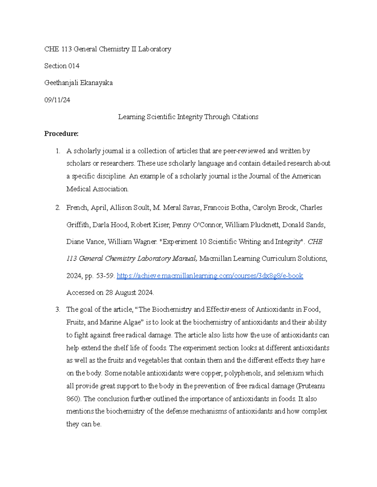 Experiment 10 Che 113 - CHE 113 General Chemistry II Laboratory Section ...