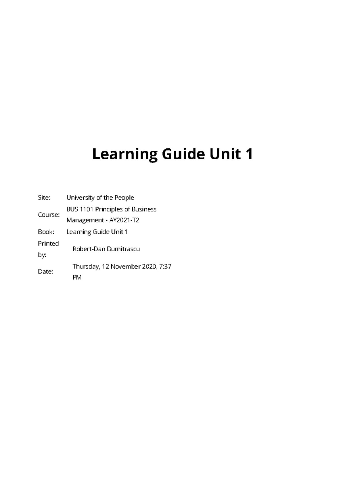 Learning Guide Unit 1 - BUS 1101 Principles of Business Management - Learning Guide Unit 1 Site ...