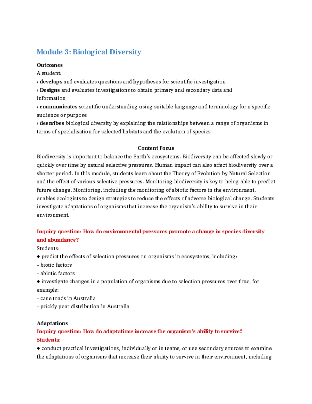 Untitled document - bio - Module 3: Biological Diversity Outcomes A ...