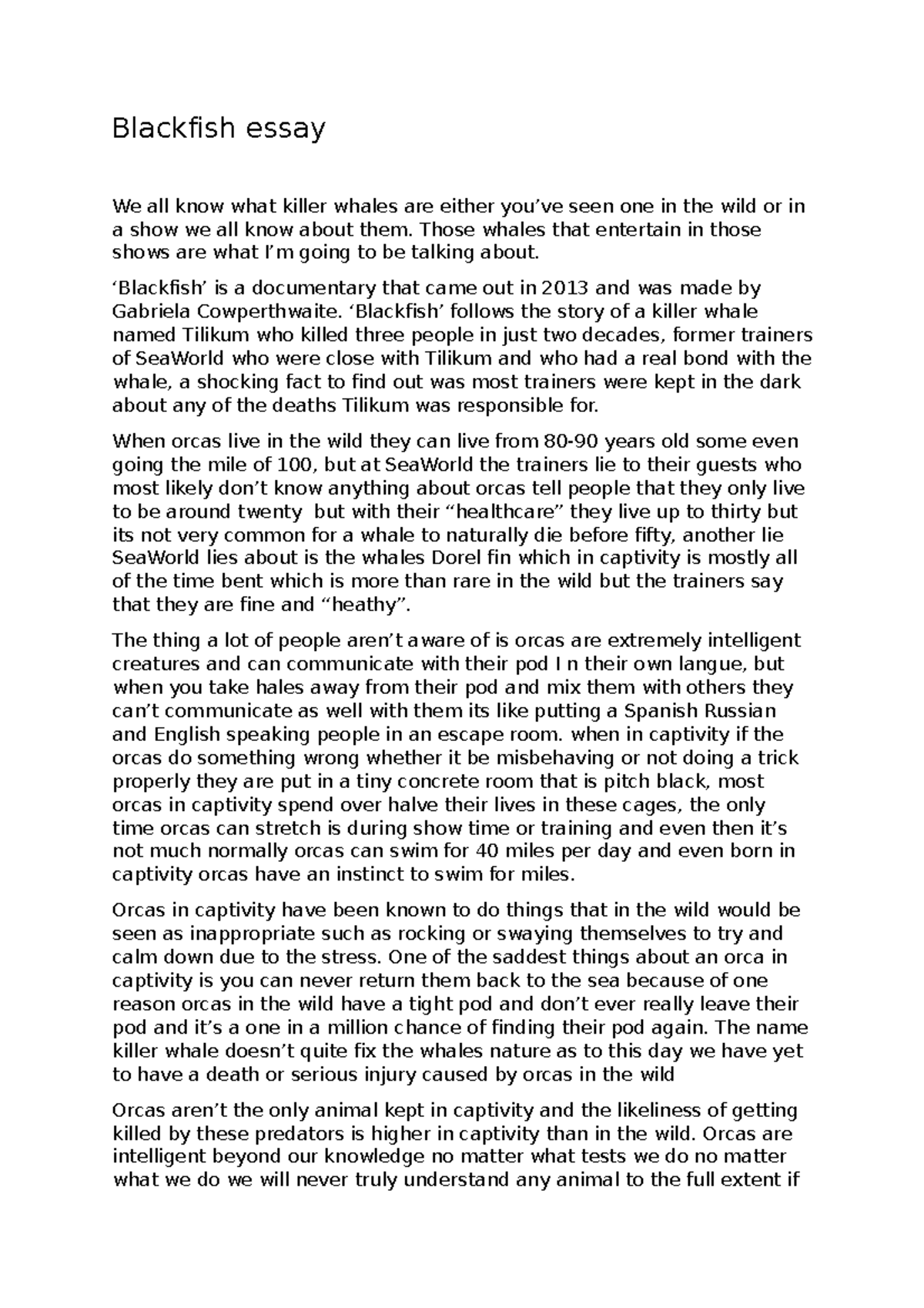 Blackfish essay - nook - Biología y Geología - IES Pedras Rubias - Studocu