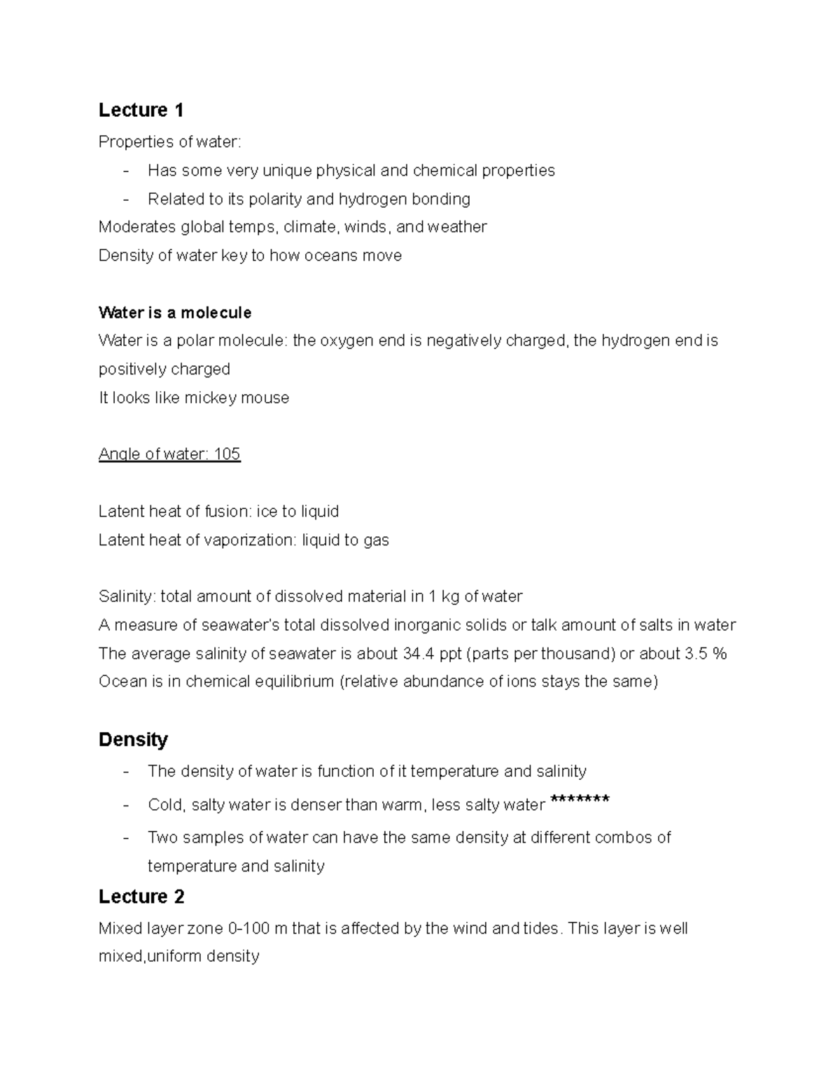 MSCI Lectures Water - Lecture notes covering exam 1 - Lecture 1 ...