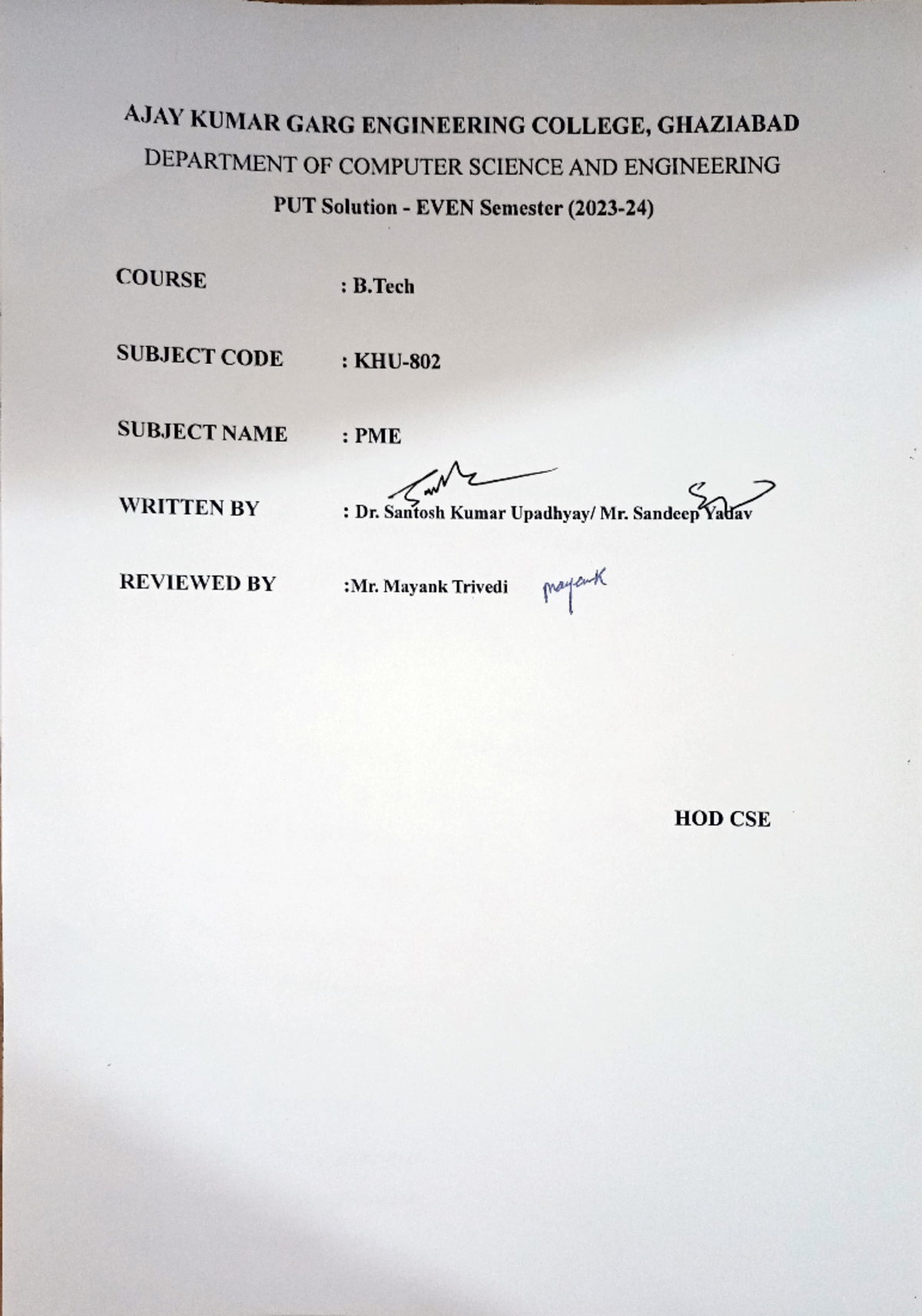 KHU 802 Solutions - B.tech - Studocu