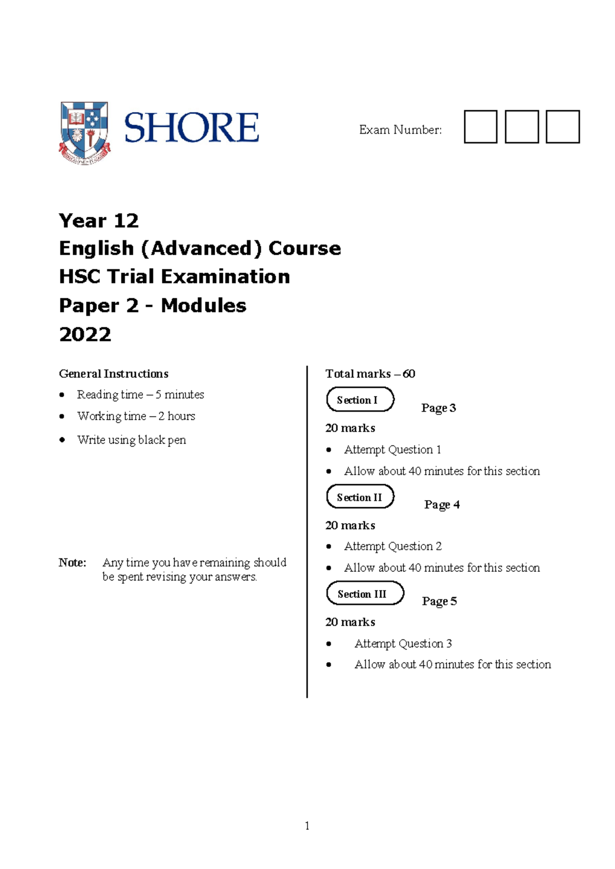Shore 2022 Trial Advanced Paper 2 - Year 12 English (Advanced) Course ...