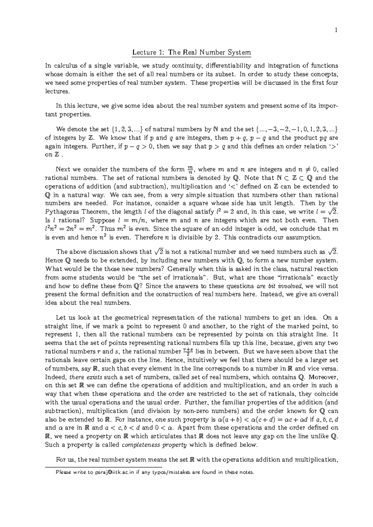 LN-1(21) - This is the lecture notes by PS Raj. - 1 Lecture 1: The Real ...