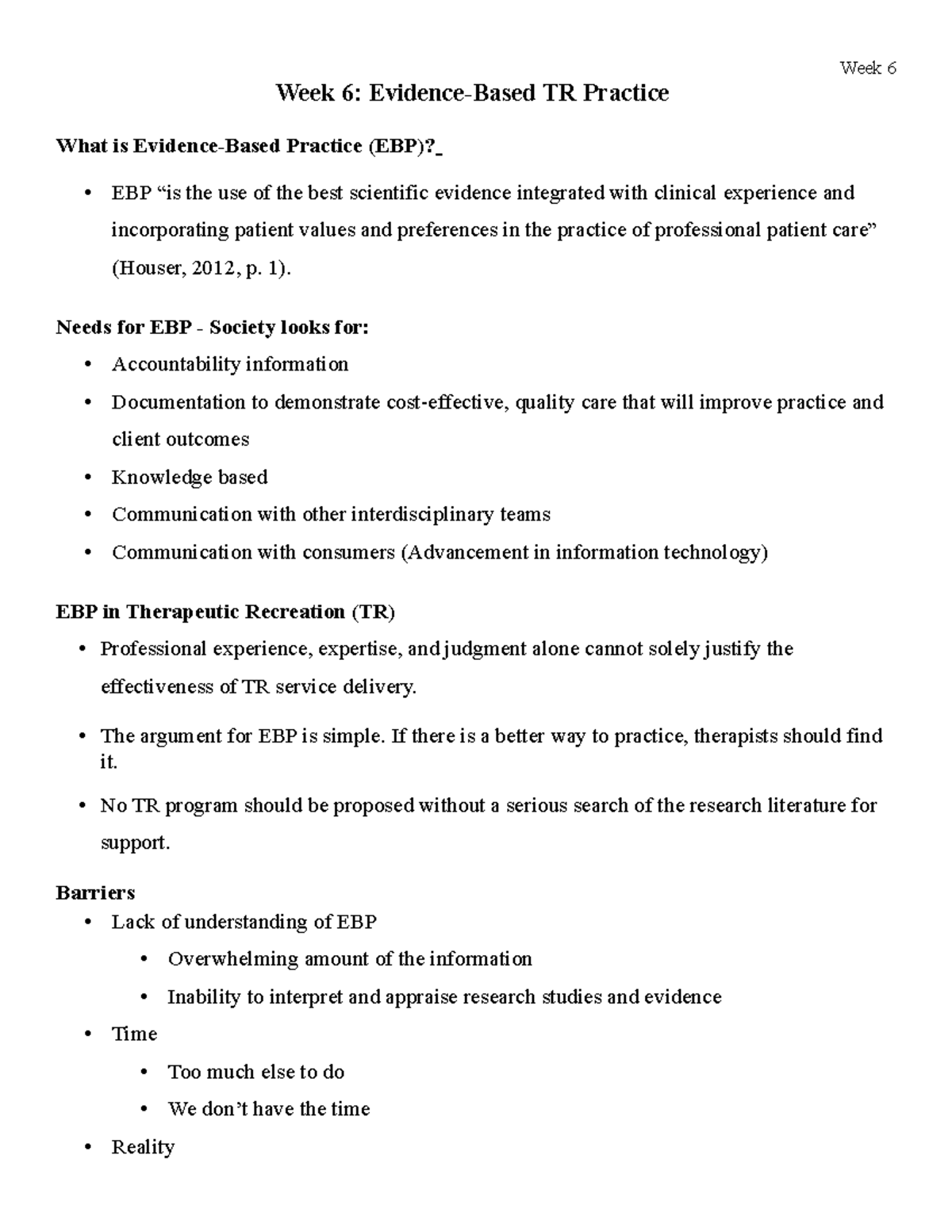 Week 6 Evidence Based Practice - Week 6: Evidence-Based TR Practice ...