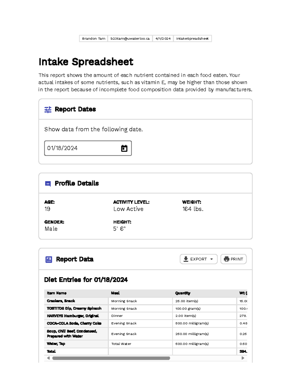 food intake sample - Brandon Tam b23tam@uwaterloo 4/1/2024 ...