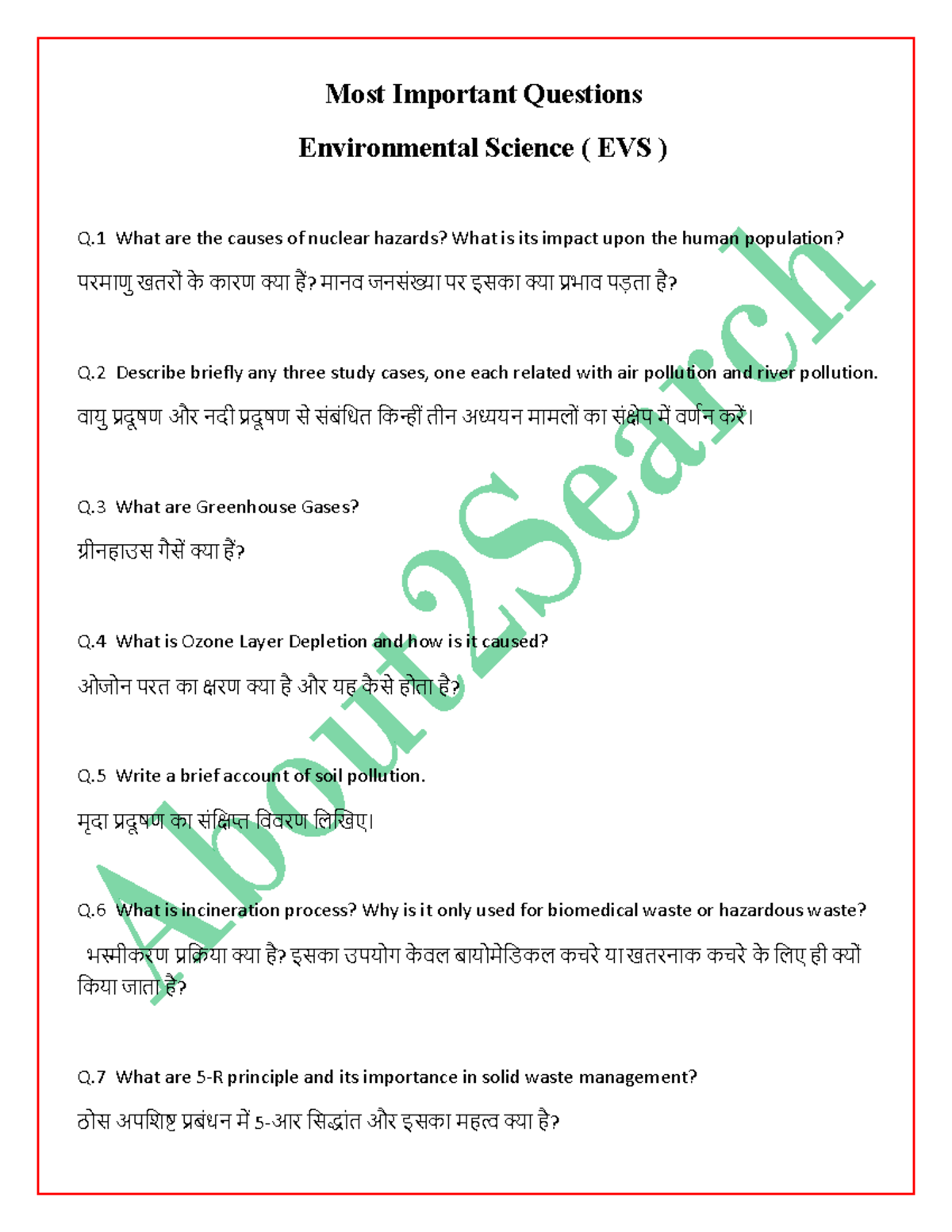Evs imp Ques - Most Important Questions for Environmental Science ...