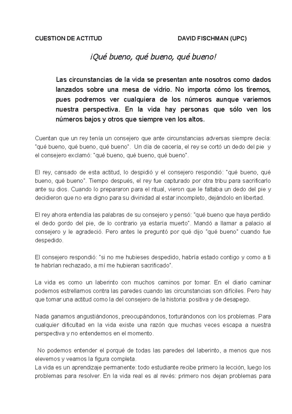 QUE Bueno QUE Bueno - material - CUESTION DE ACTITUD DAVID FISCHMAN ...