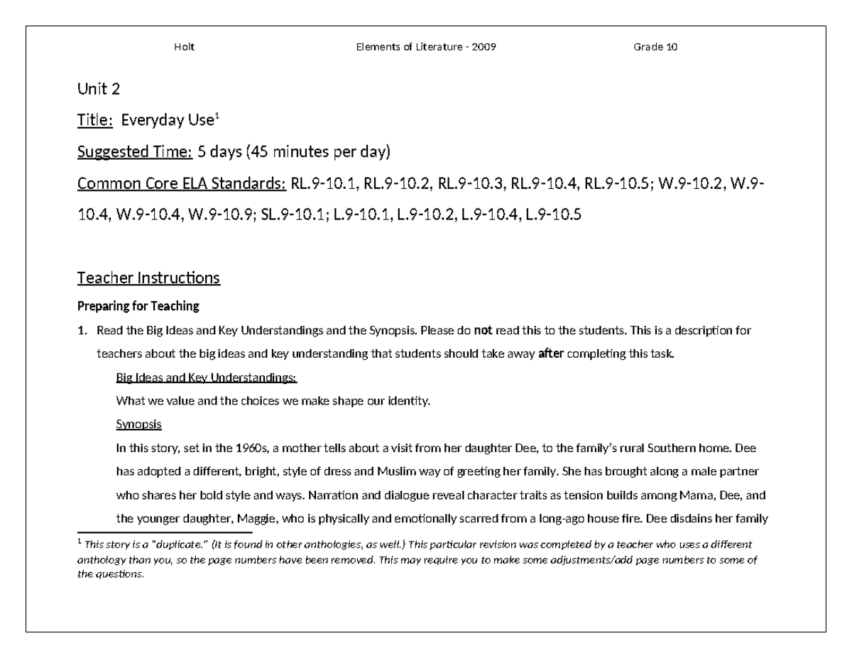 10. Everyday Use. lesson - Anthology - Unit 2 Title: Everyday Use 1 ...