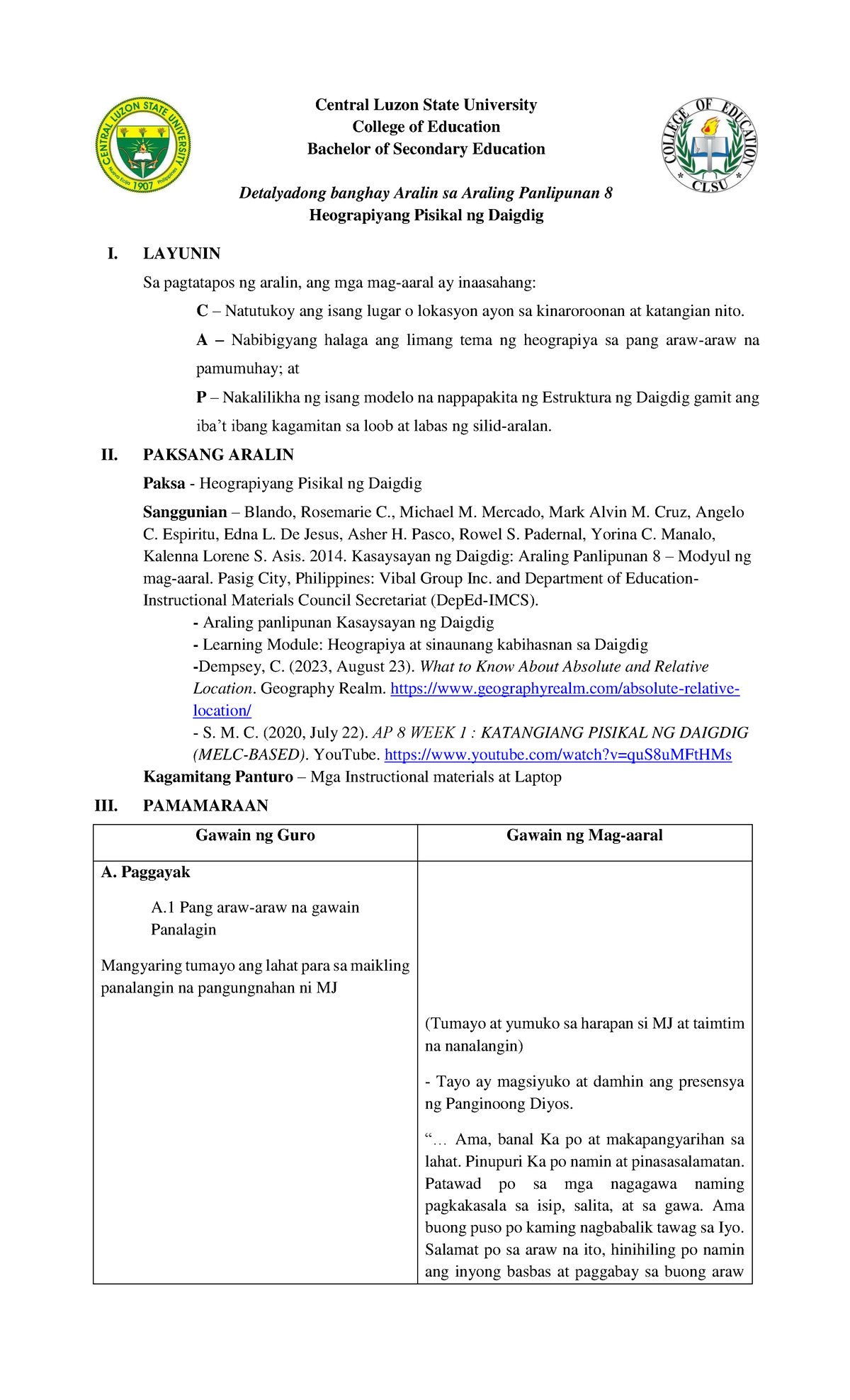 DETAILED LESSON PLAN - Central Luzon State University College of ...