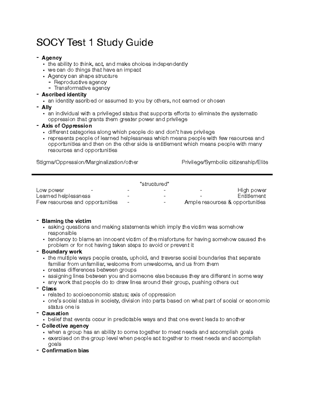 SOCY Test 1 Study Guide - SOCY Test 1 Study Guide Agency the ability to ...