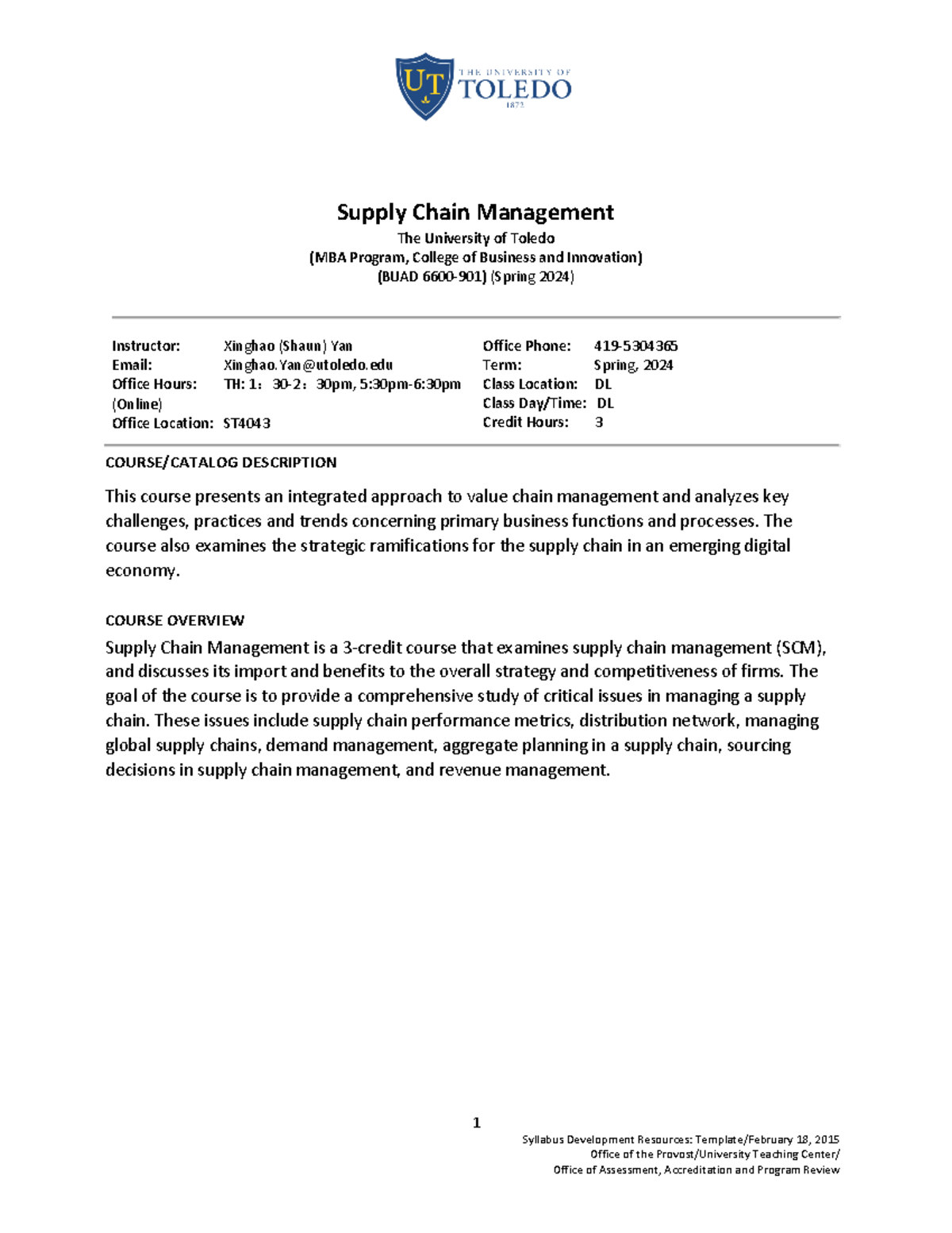 Supply chain MBA 6600 901 SCM spring 2024 Syllabus - 1 Syllabus ...