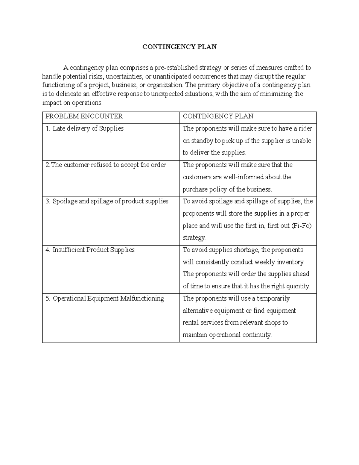Contingency PLAN - NOTES - CONTINGENCY PLAN A contingency plan ...