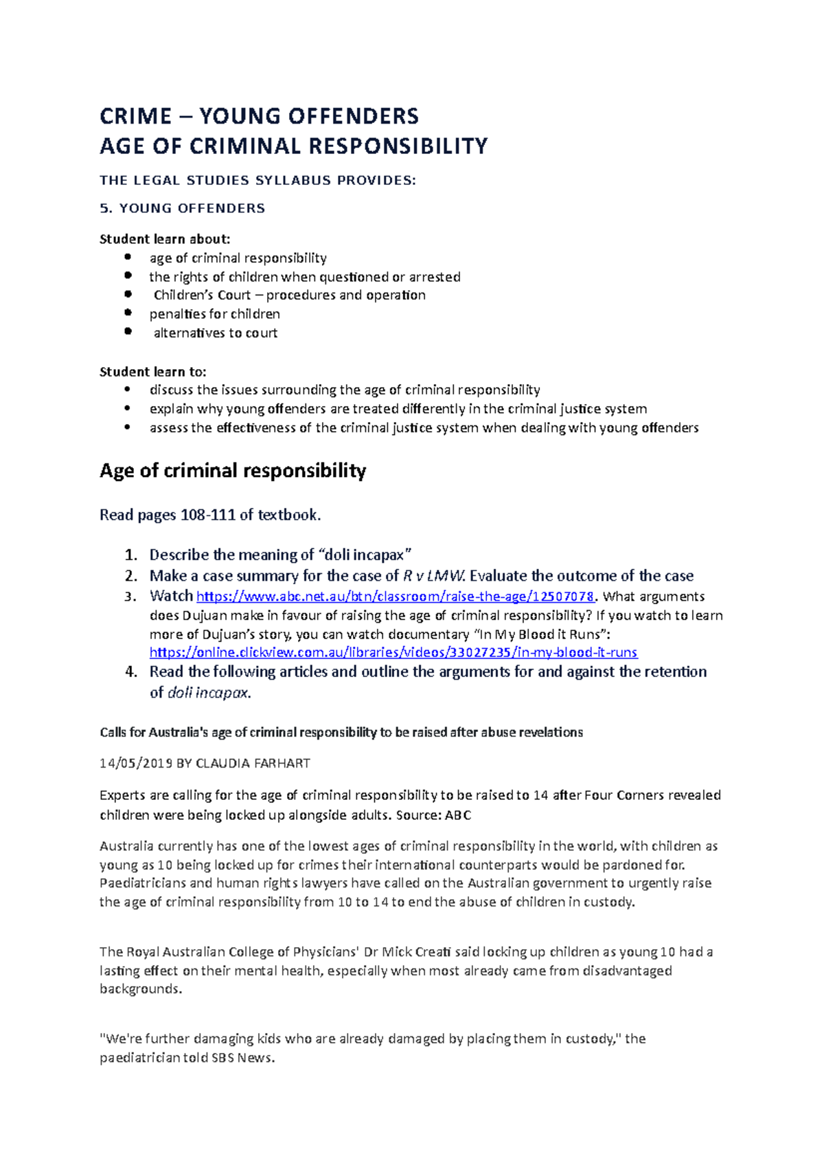 1 Age of Criminal Responsibility Worksheet 2022 - CRIME – YOUNG ...
