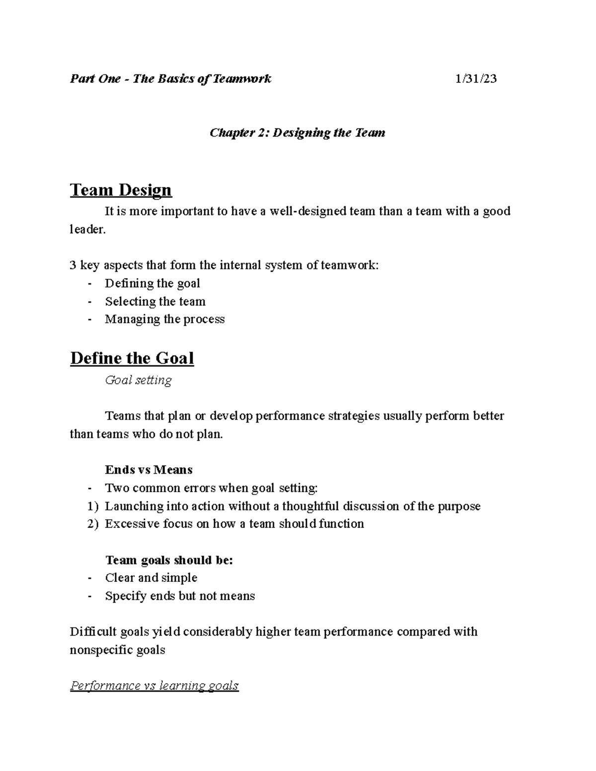 Chapter 2 - Part One - The Basics of Teamwork 1/31/ Chapter 2 ...