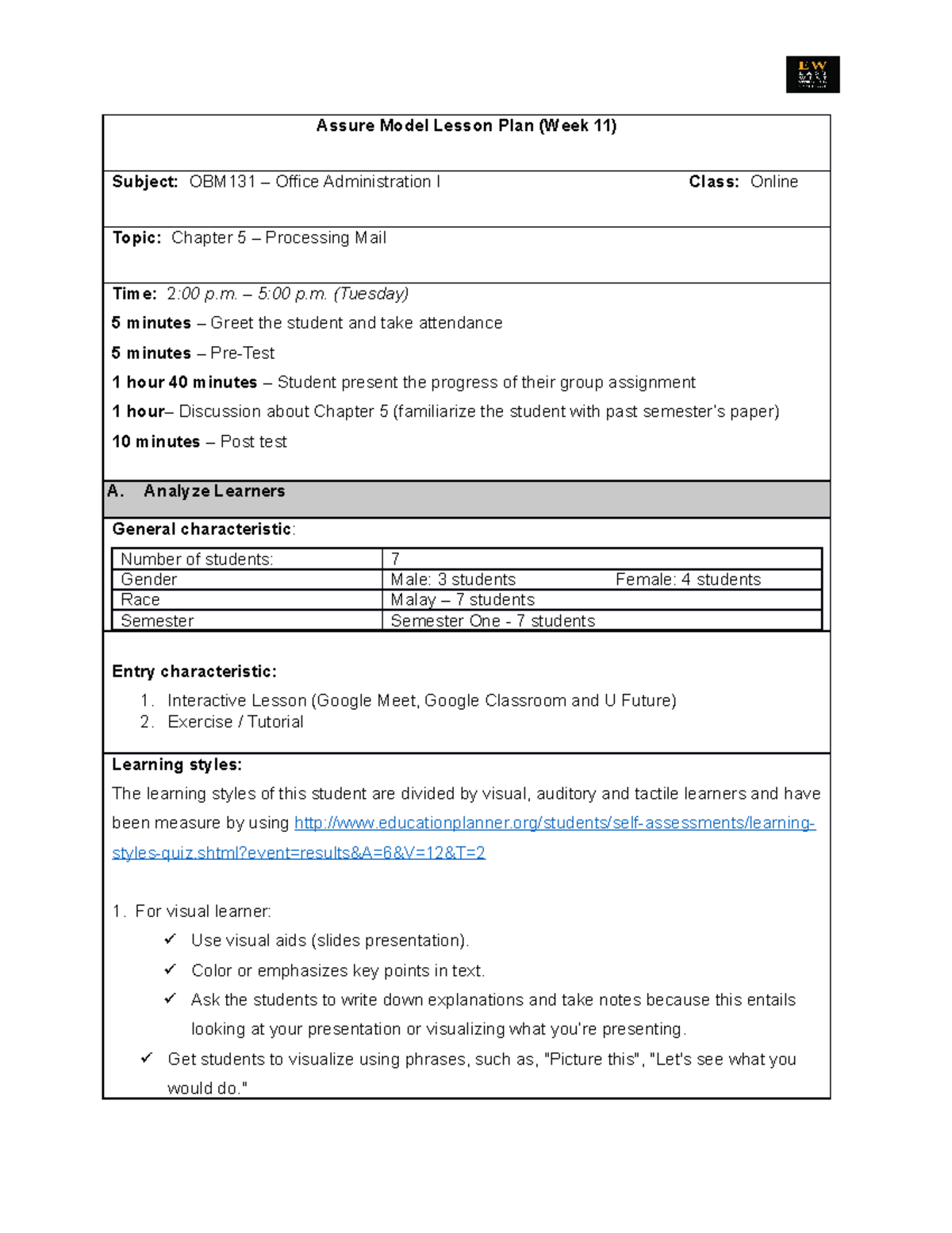OBM131 - Lesson PLAN WEEK 11 - Assure Model Lesson Plan (Week 11 ...