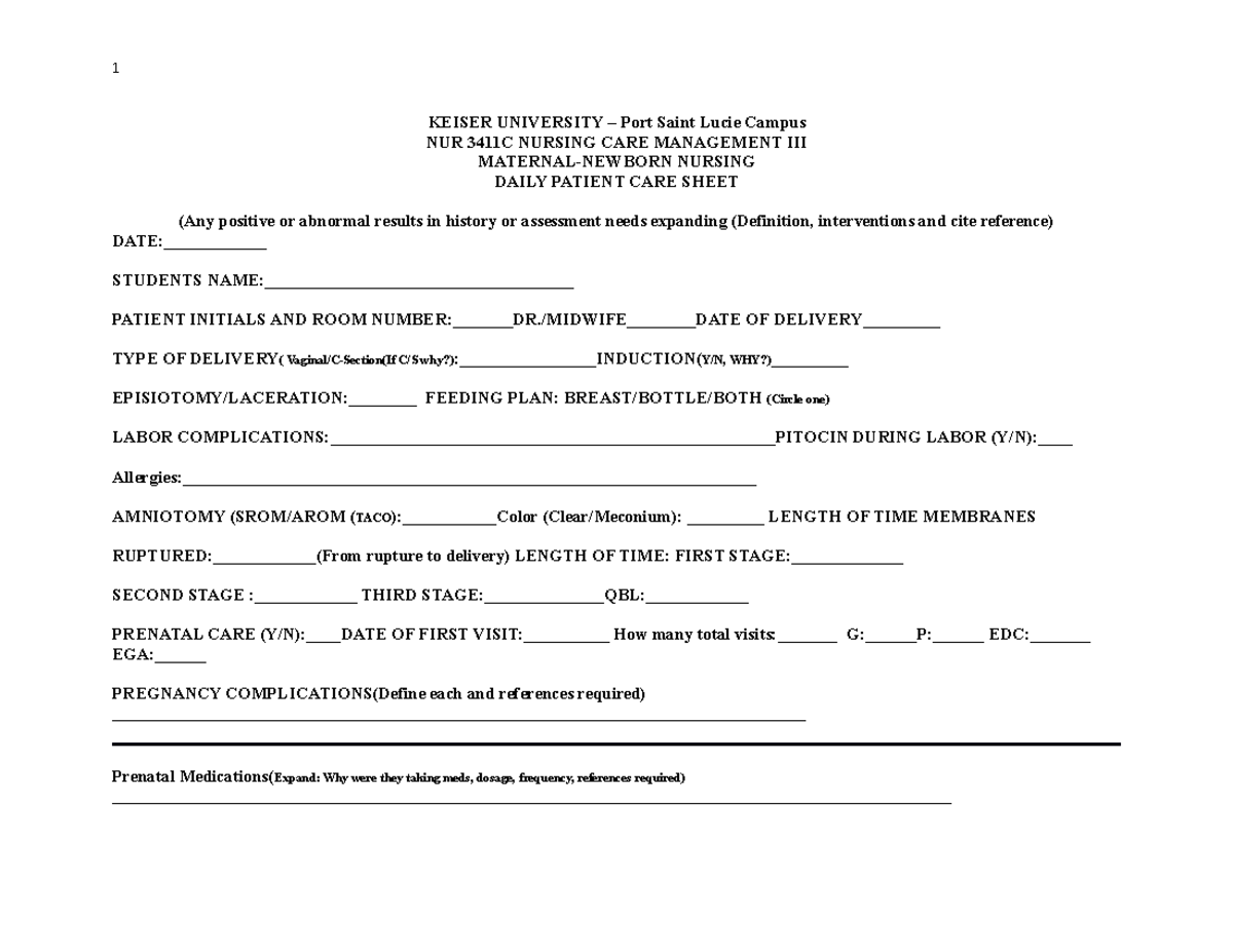 Keiser Maternal-Newborn Weekly Patient Care Sheet - KEISER UNIVERSITY ...
