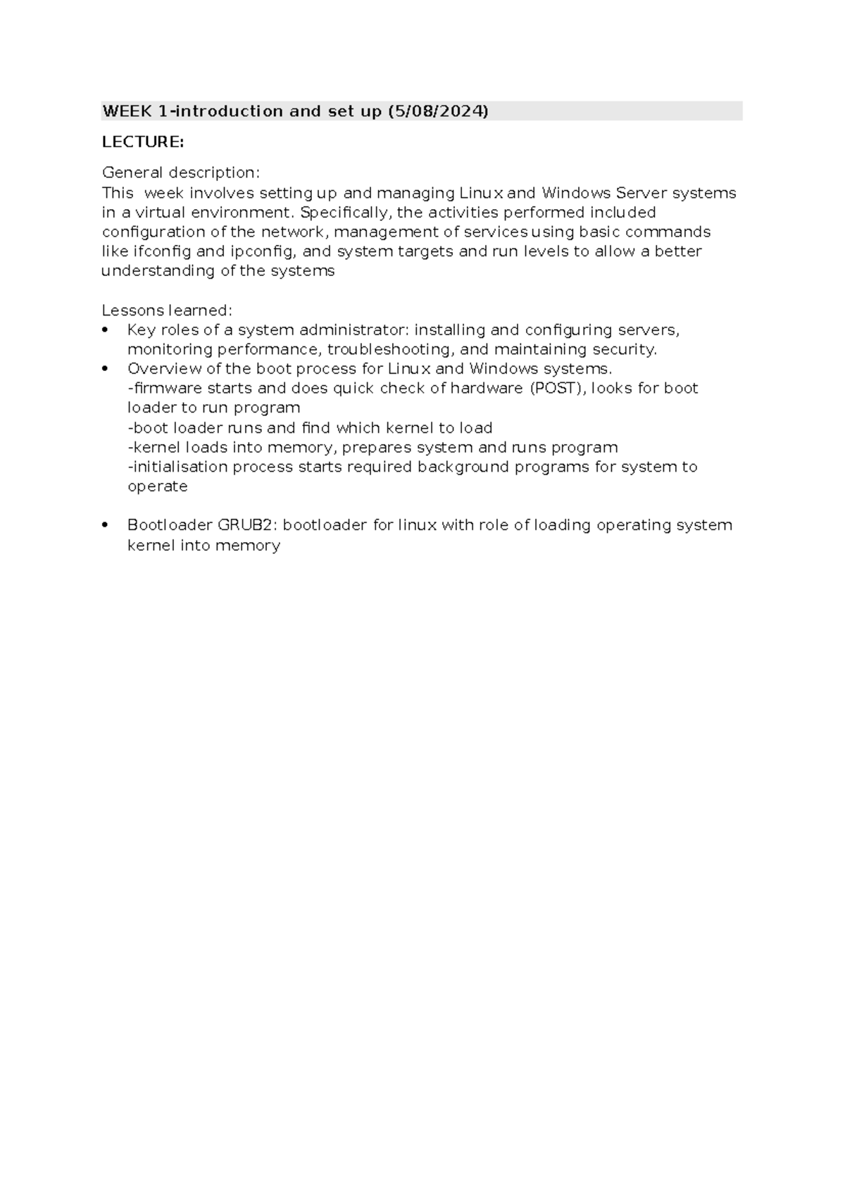 WEEK 1 - n/a - WEEK 1-introduction and set up (5/08/2024) LECTURE: General description: This ...