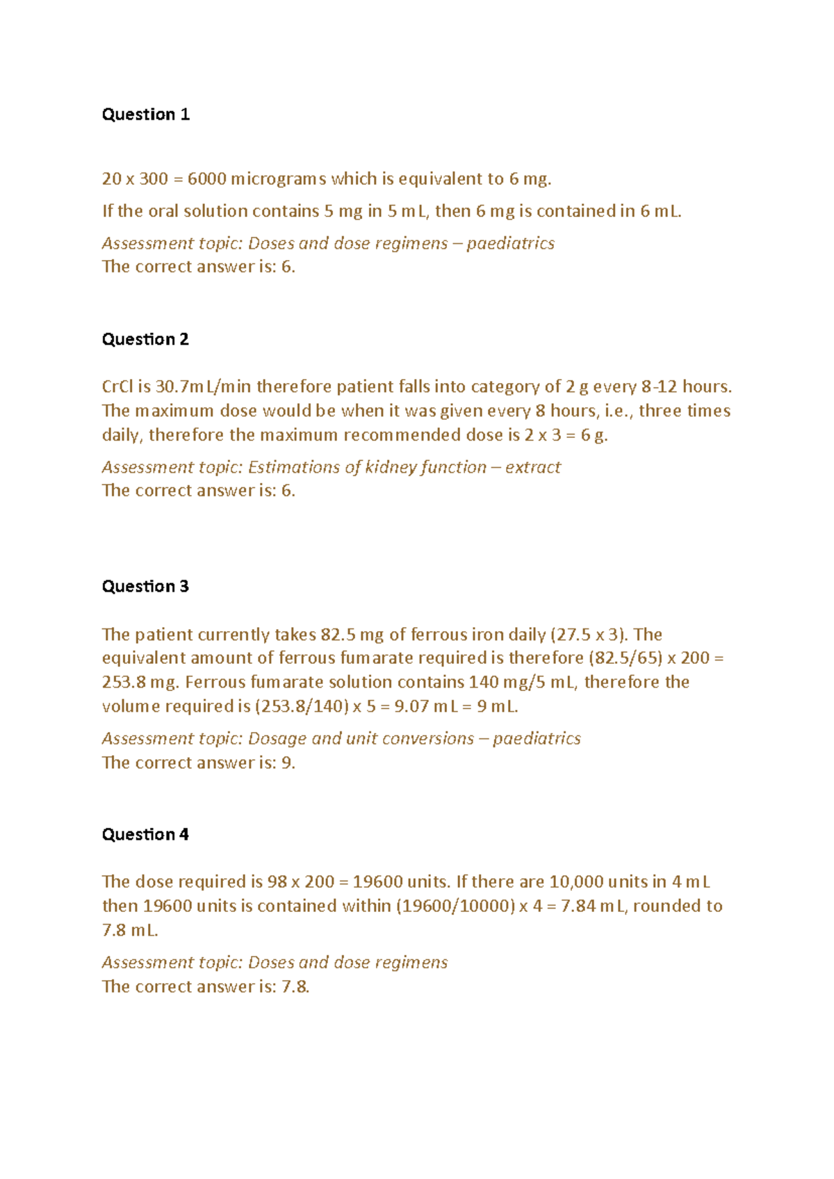 RPS Mock 2023 Answers - thkt - Question 1 20 x 300 = 6000 micrograms ...