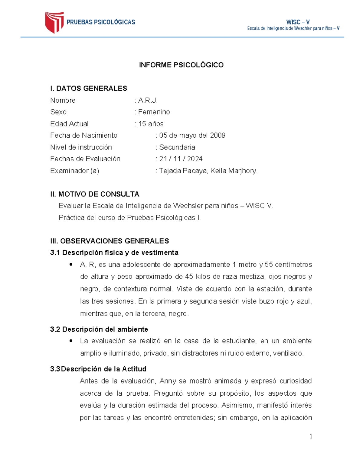 Keila - Informe - WISC- V - Escala de Inteligencia de Weschler para niños – V INFORME ...