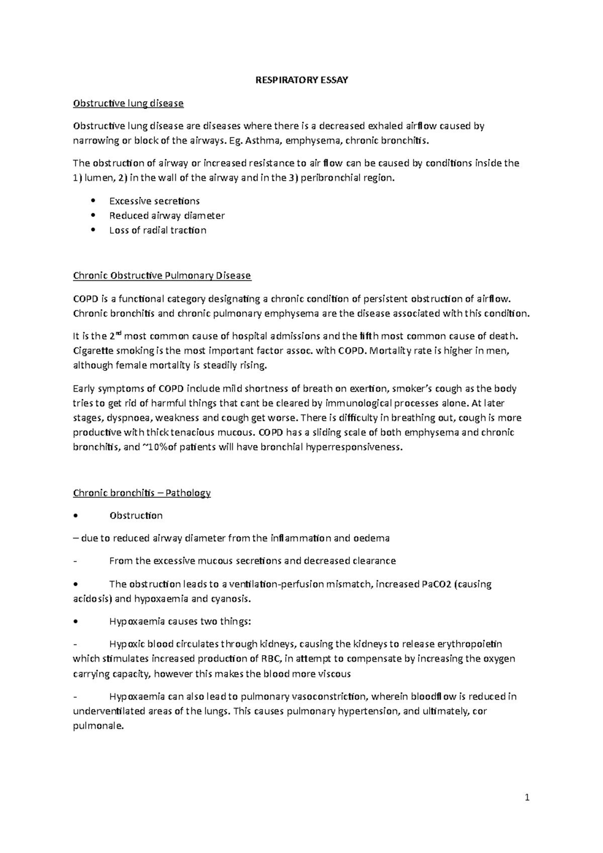 Respiratory Essay - Grade: 1st - RESPIRATORY ESSAY Obstructive lung ...