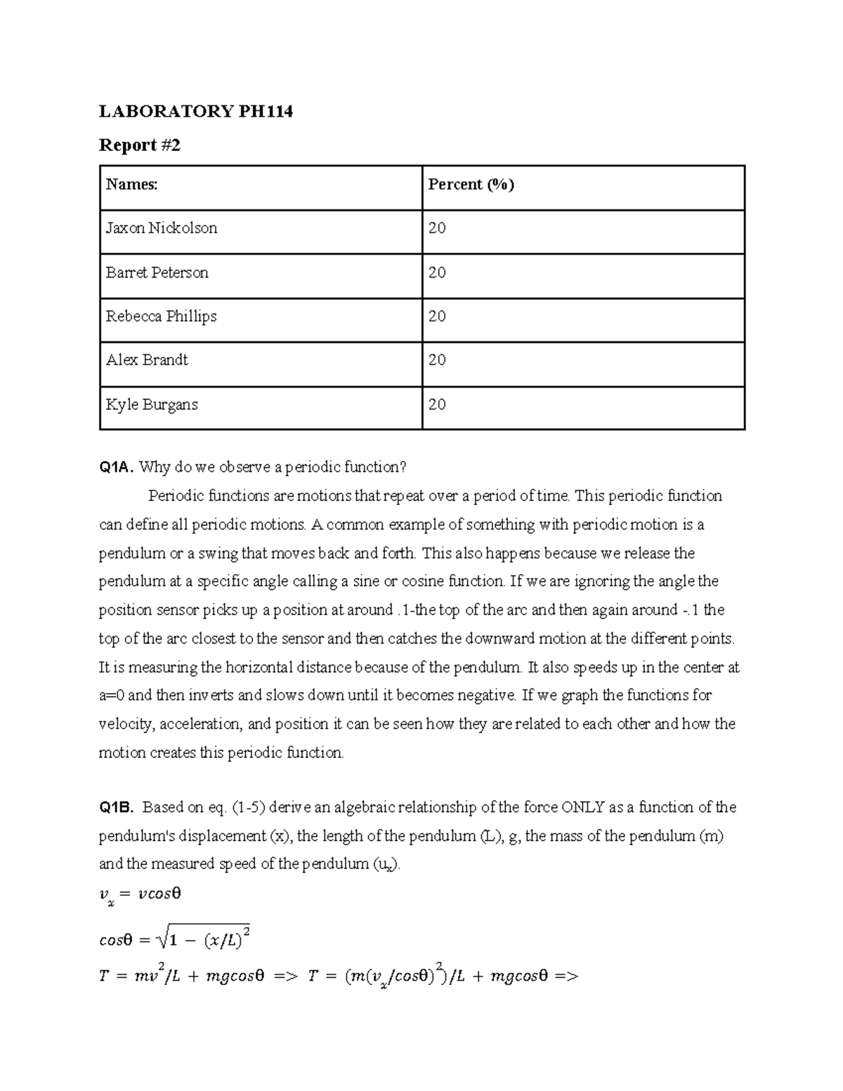 Physics Lab 2- Kyle Burgans - LABORATORY PH Report Names: Percent ...