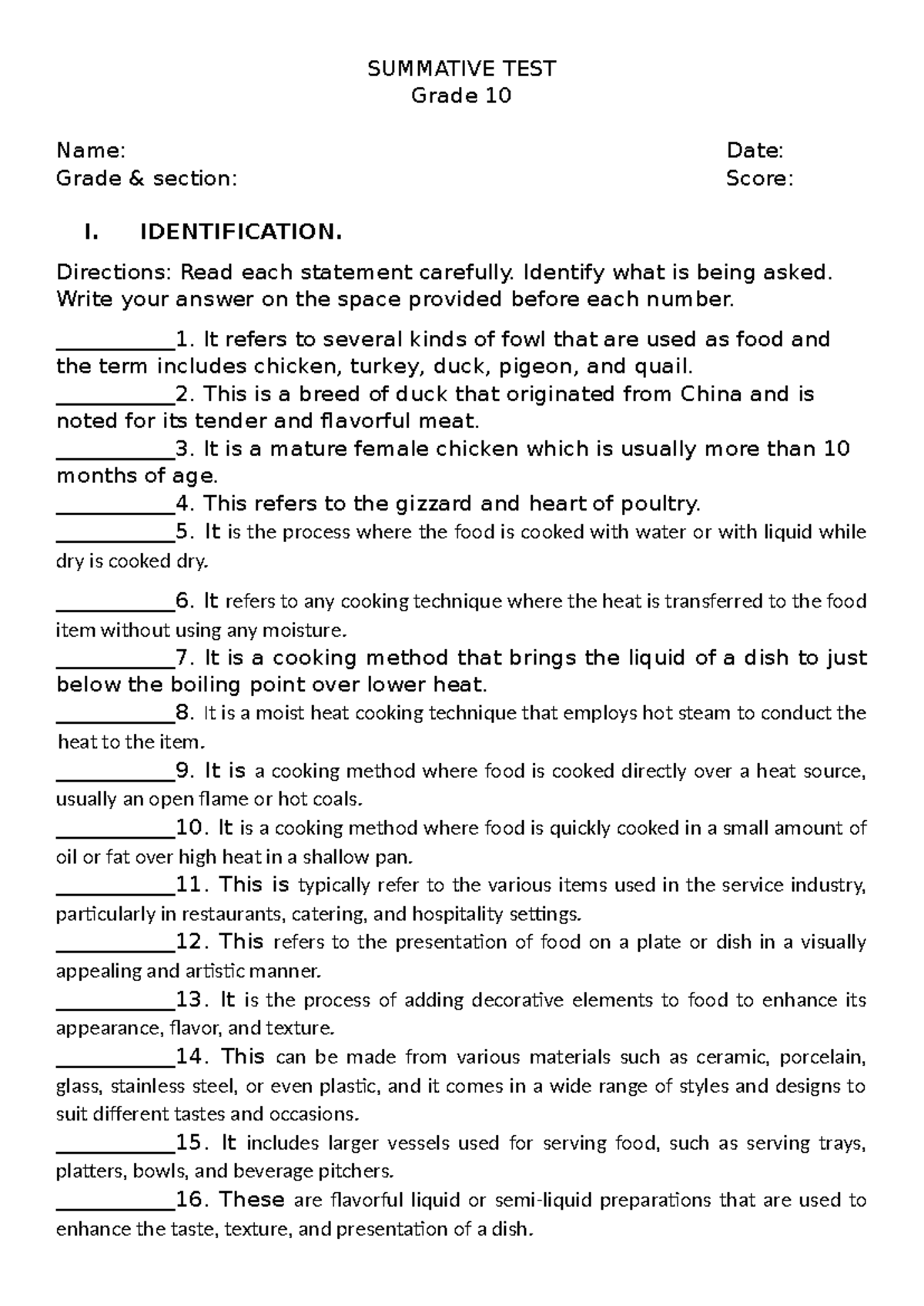 Summative TEST (10) - SUMMATIVE TEST Grade 10 Name: Date: Grade ...