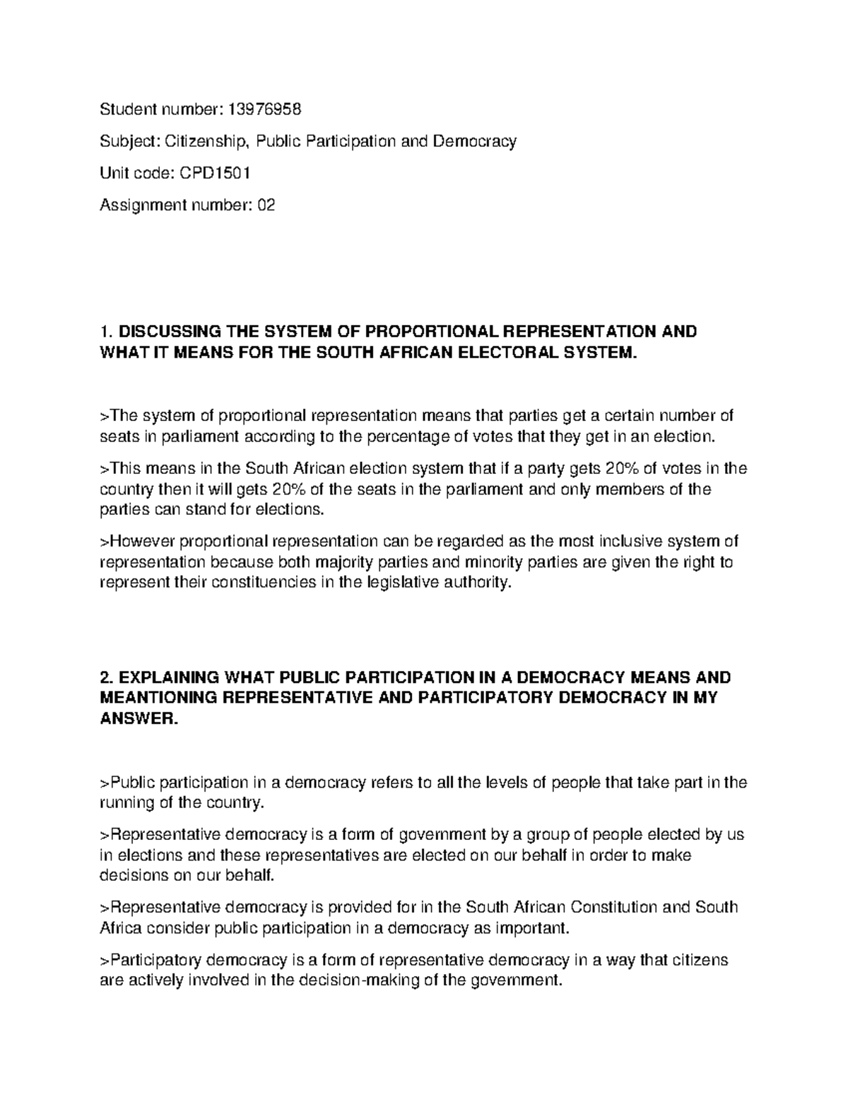 Assignment 02 OF CPD1501 YEAR 2021 - Student number: 13976958 Subject ...