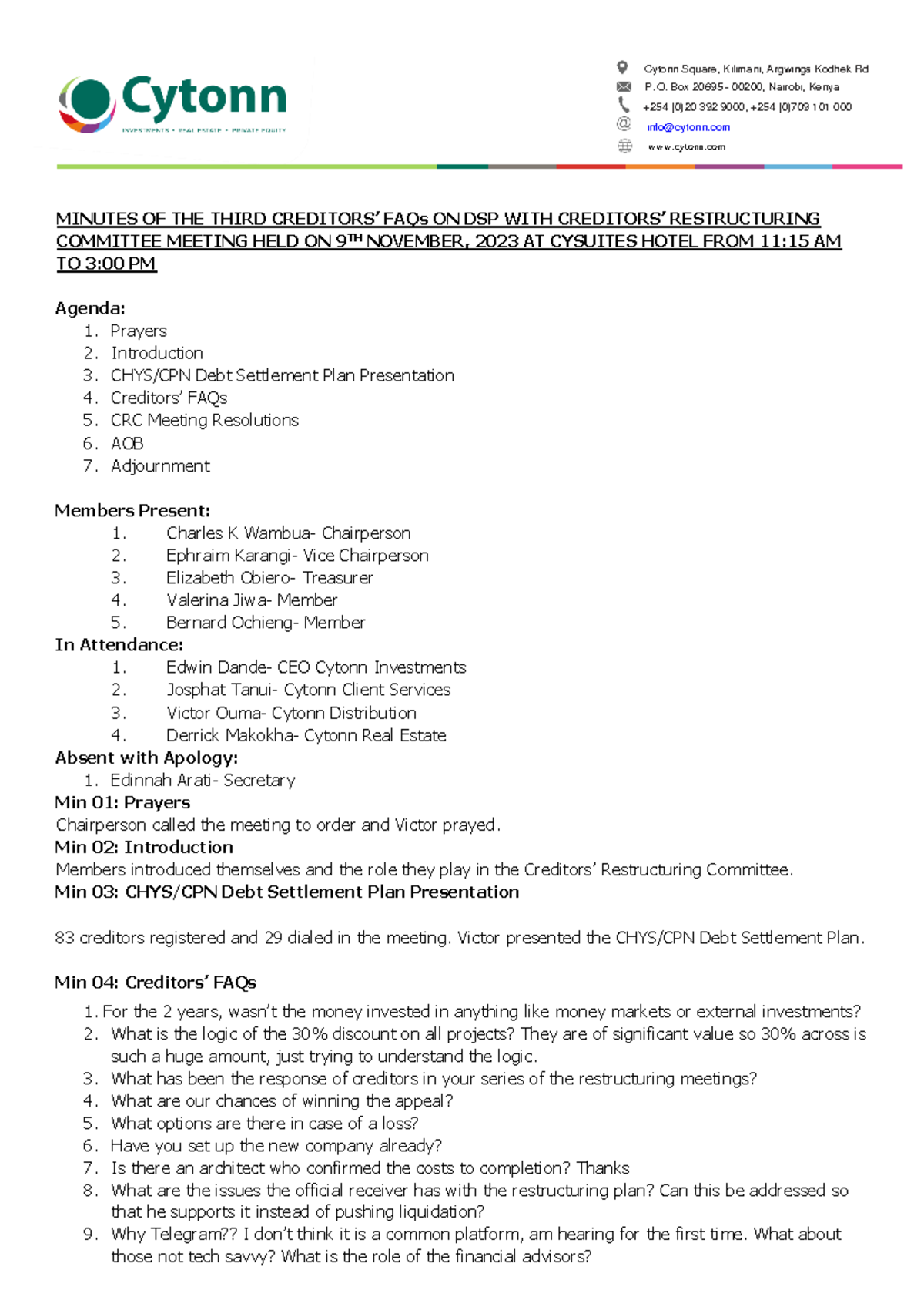 Creditors FAQs on DSP with Creditors' Restructuring Committee Minutes ...