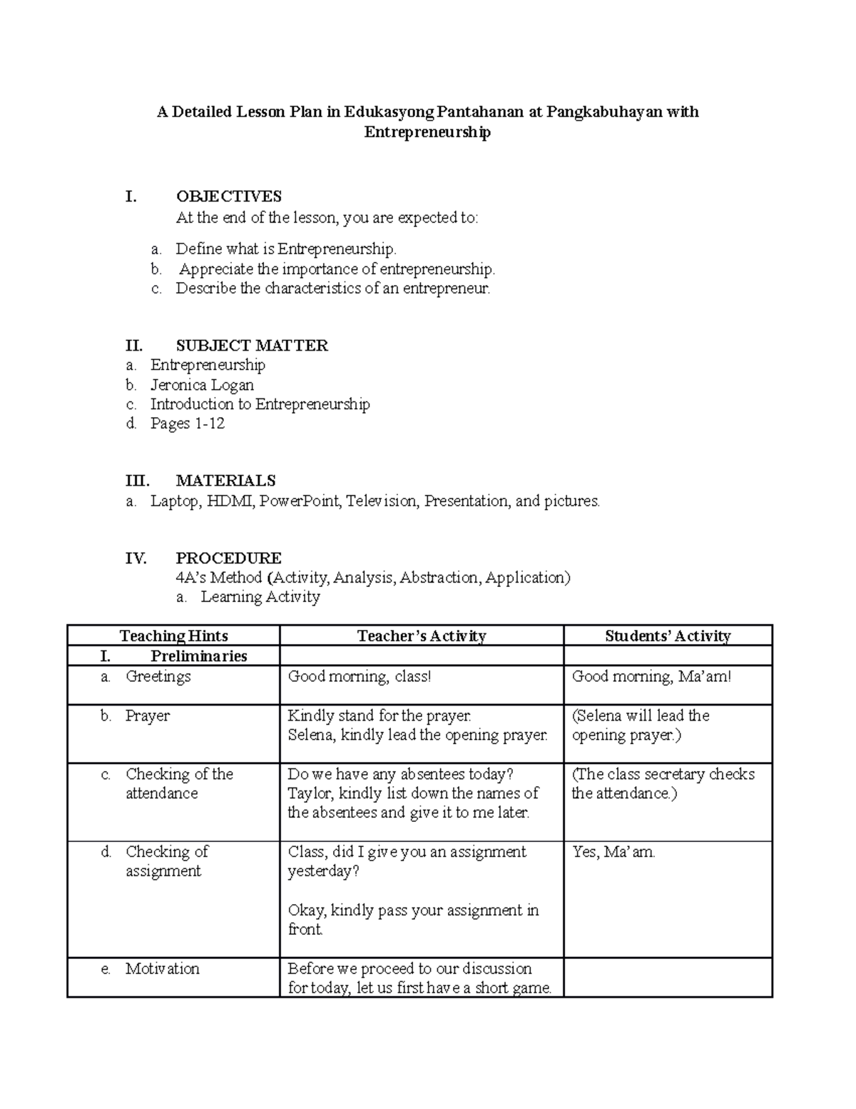 Lesson Plan ERP - A Detailed Lesson Plan in Edukasyong Pantahanan at ...