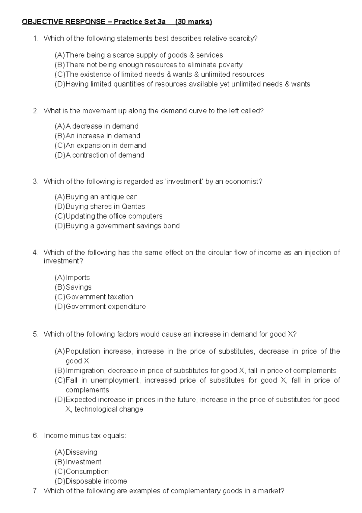 Ojective Response Practice Set 3 - OBJECTIVE RESPONSE – Practice Set 3a ...