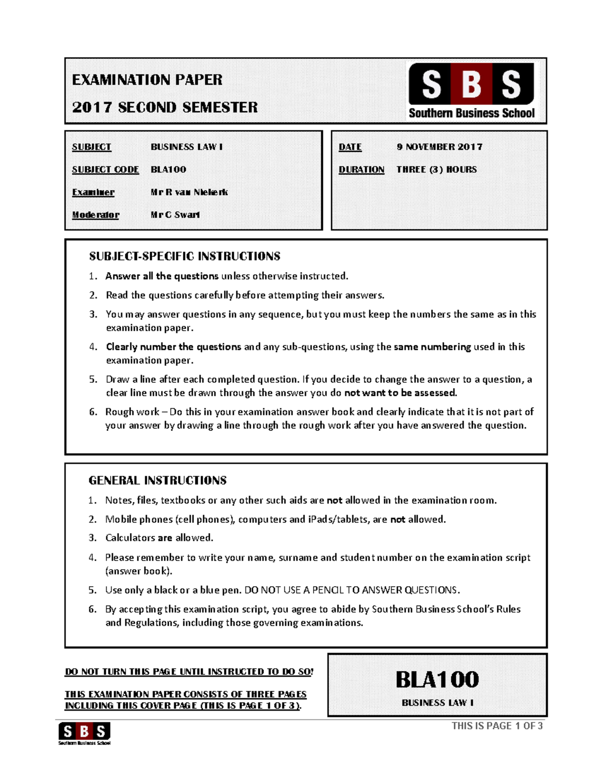 BLA100 2017 02 EXAM - Question Paper S2 - THIS IS PAGE 1 OF 3 GENERAL ...