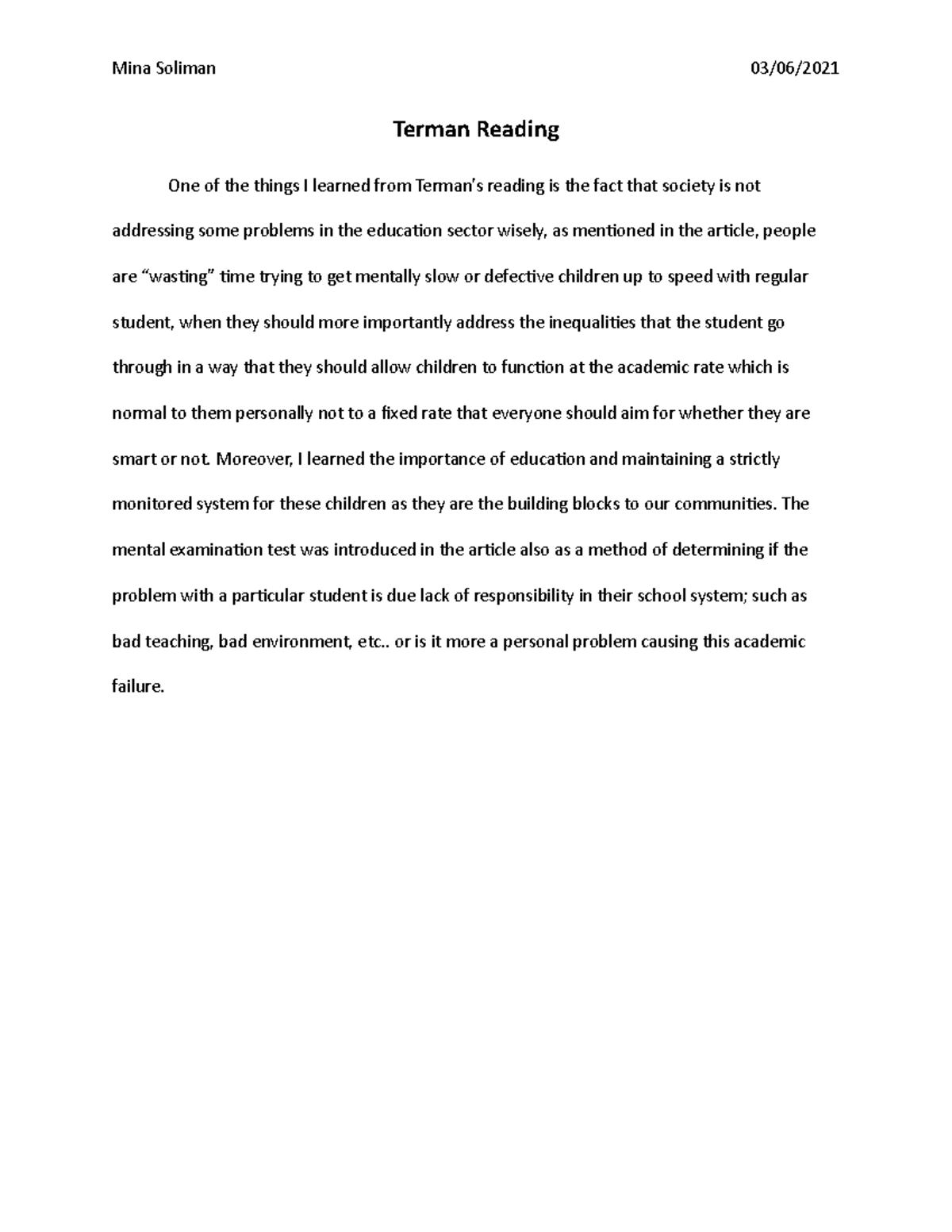 Terman Reading - Mina Soliman 03/06/ Terman Reading One of the things I ...