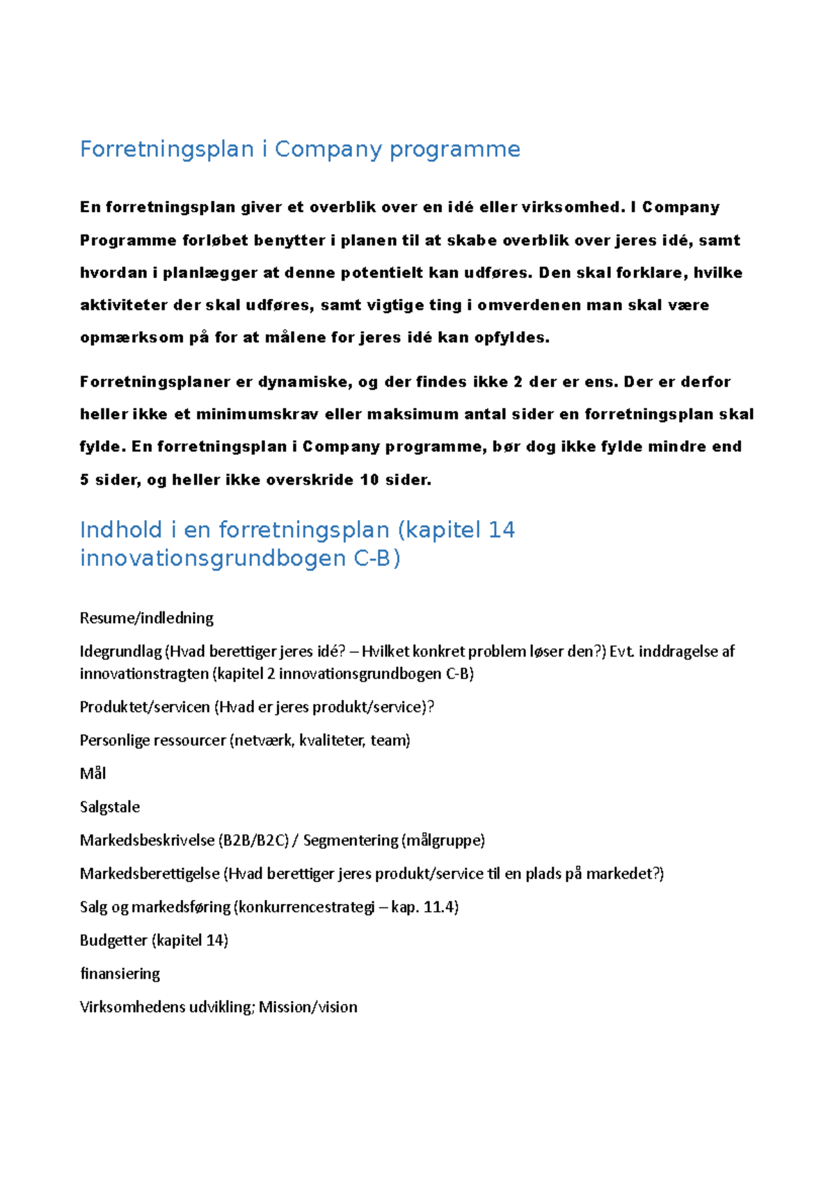 Forretningsplan i Company programf - I Company Programme forløbet ...