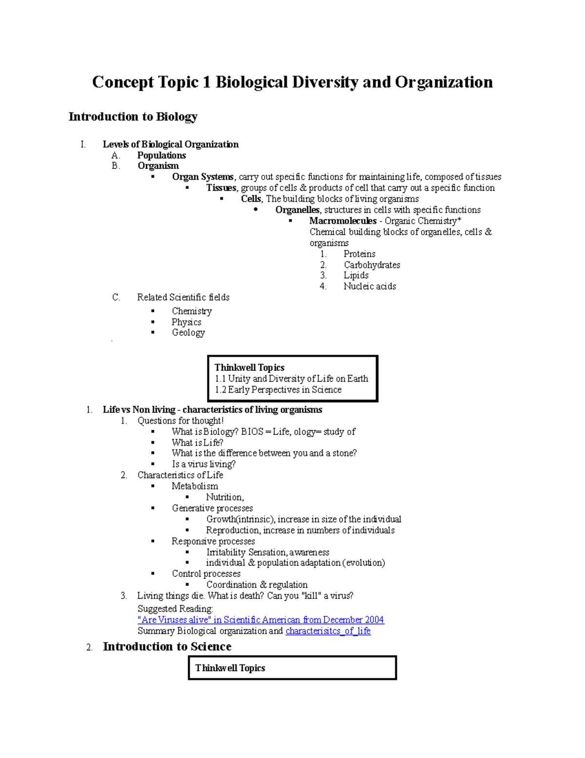Review Notes in Biology - Concept Topic 1 Biological Diversity and ...