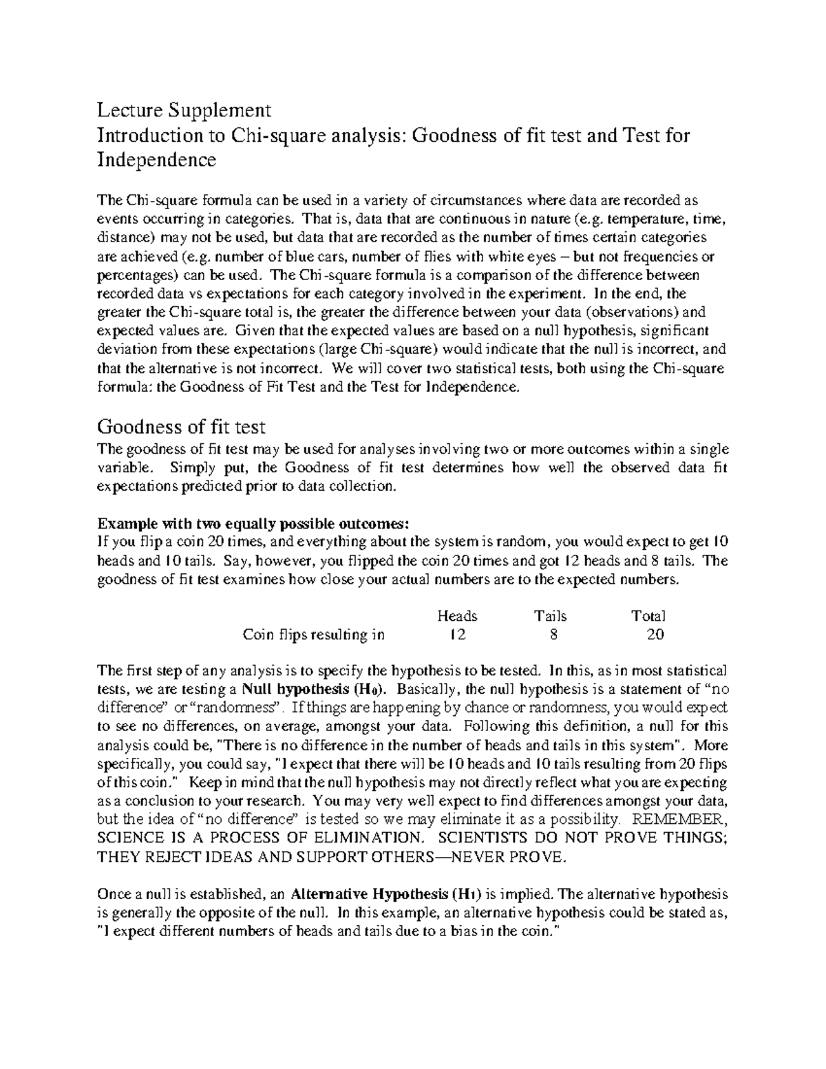 Lecture Week 4 (2-8) - Notes Intro to Chi-square goodness of fit and ...