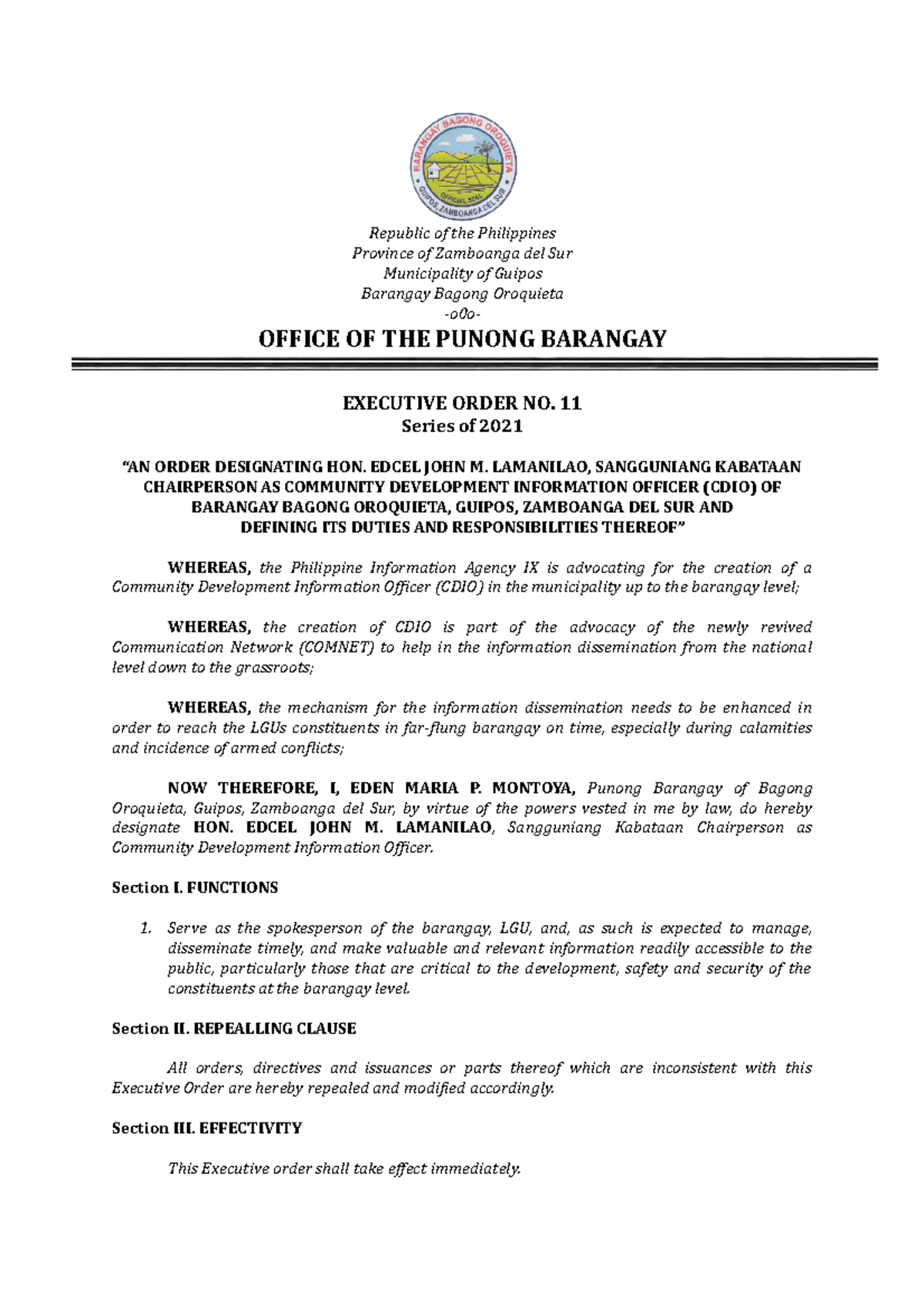 Executive Order - HEELOO - Republic of the Philippines Province of ...